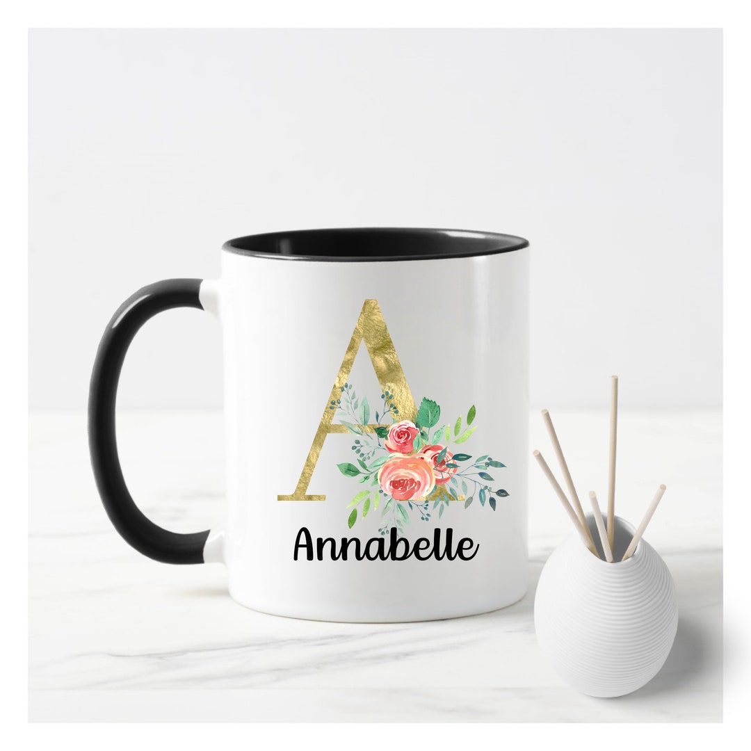 Personalised Monogram Mug Gold Alphabet Floral Alphabet Birthday Gift ...