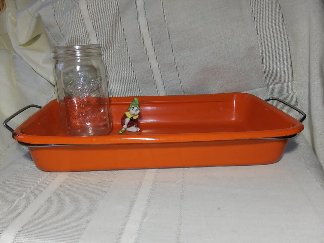 Vintage Large MCM French Enamelware Orange Metal Tray With Enamel ...