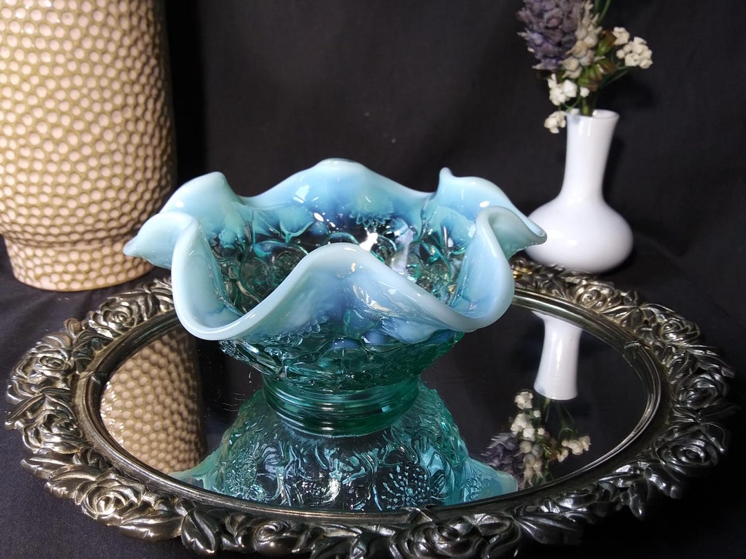 Fenton Rare Collectible Bowl, Turquoise Blue Opalescent in Water Lily ...