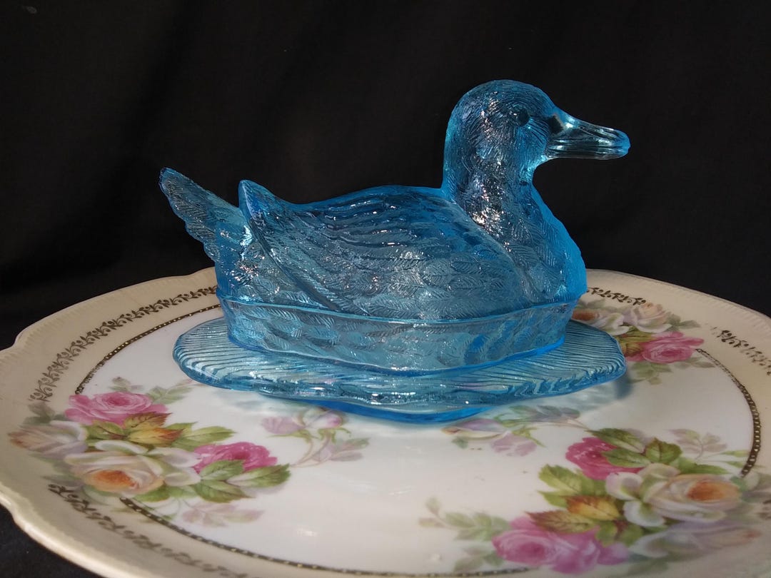 Light Sky Blue Glass Duck on Nest or Pond, Shaped Lidded 2 Piece Dish ...
