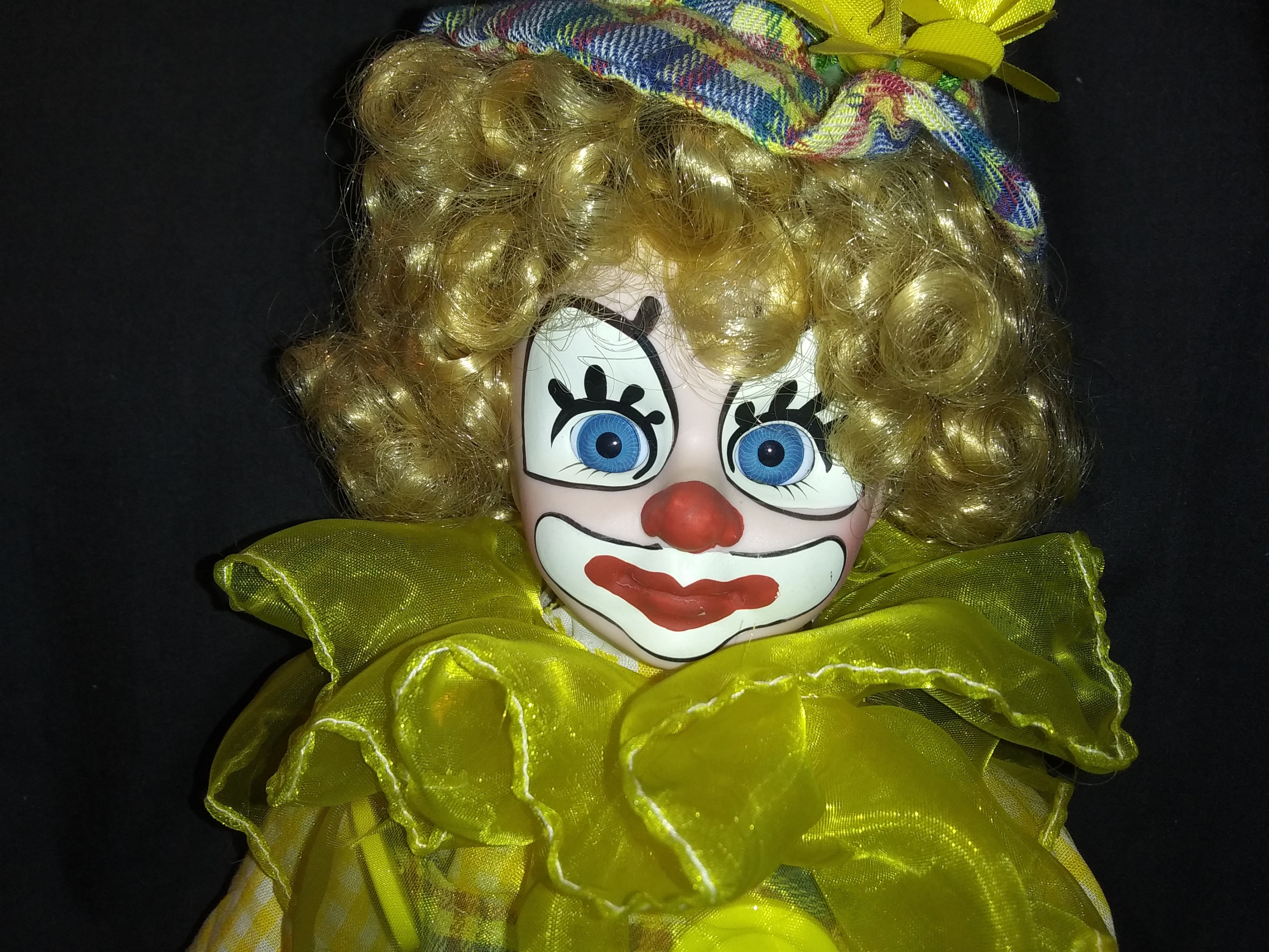 Brinn's High Quality Porcelain Clown Doll. Blonde Curls, Yellow Plaid ...