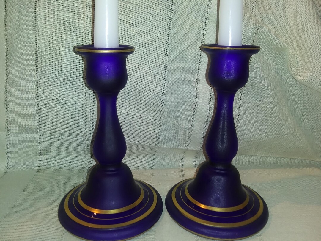 Beautiful Pair of 2 Frosted Satin Finish Cobalt Blue Glass Candlestick ...