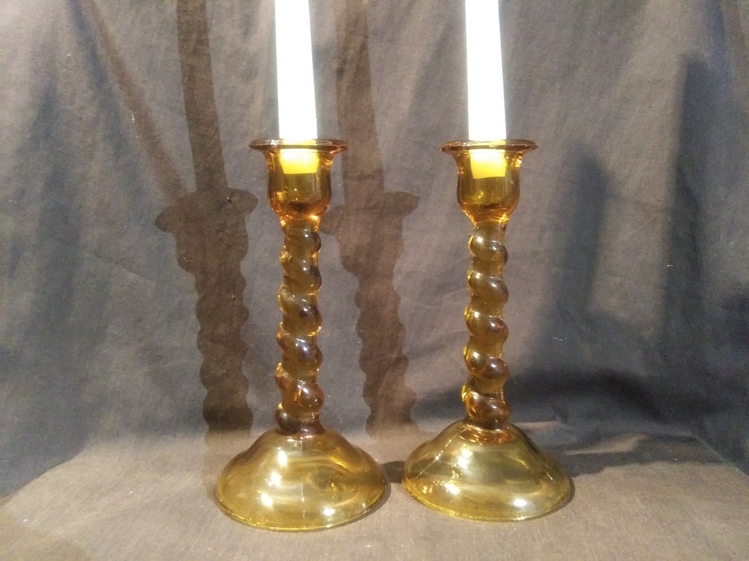 Cambridge Amber Glass Twist Candlestick Holders, Pair of 2. No.366 8.5 ...