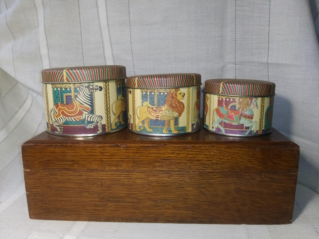 Set of 3 Small Nesting Tins With Circus Carousel Animals, Striped Lids ...
