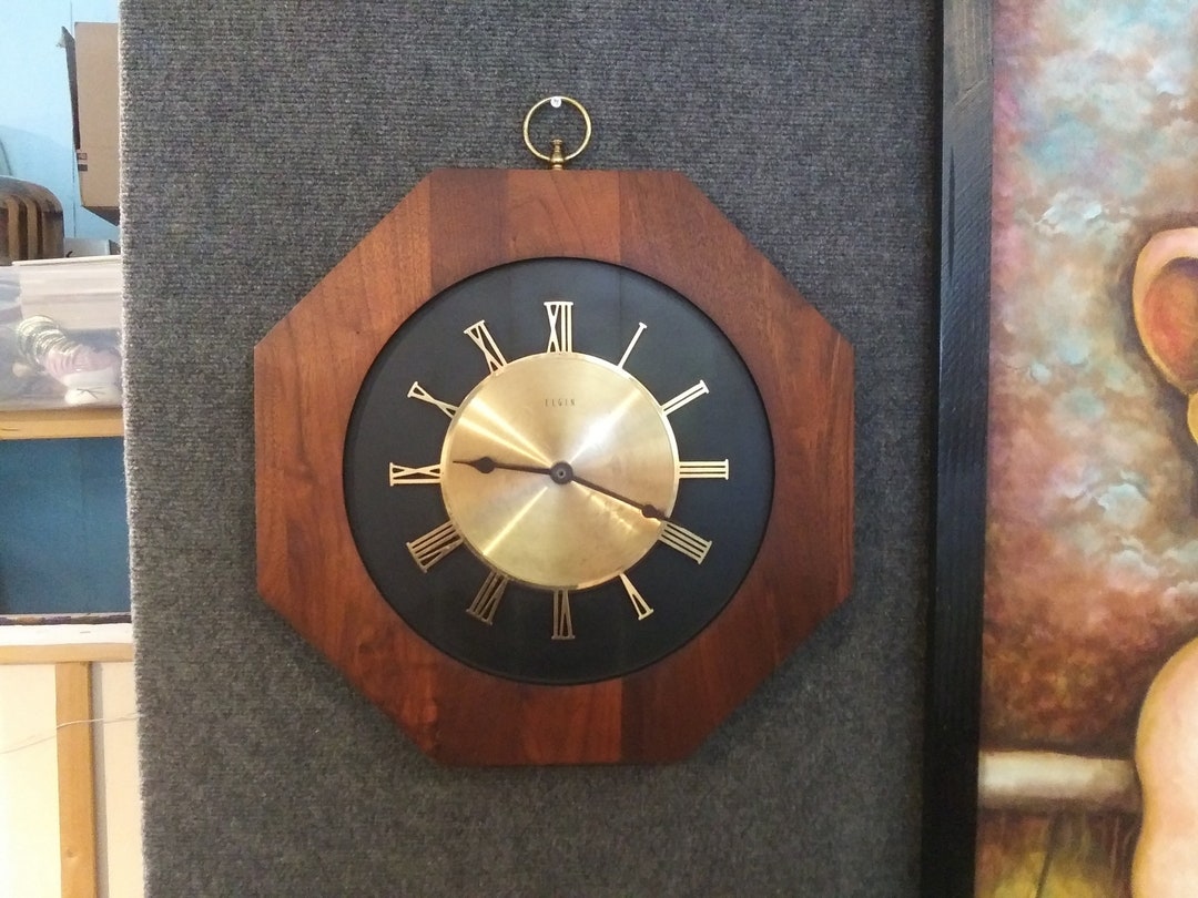 Elgin Vintage Solid Walnut and Brass Modern Style Octagon Shaped Wall ...