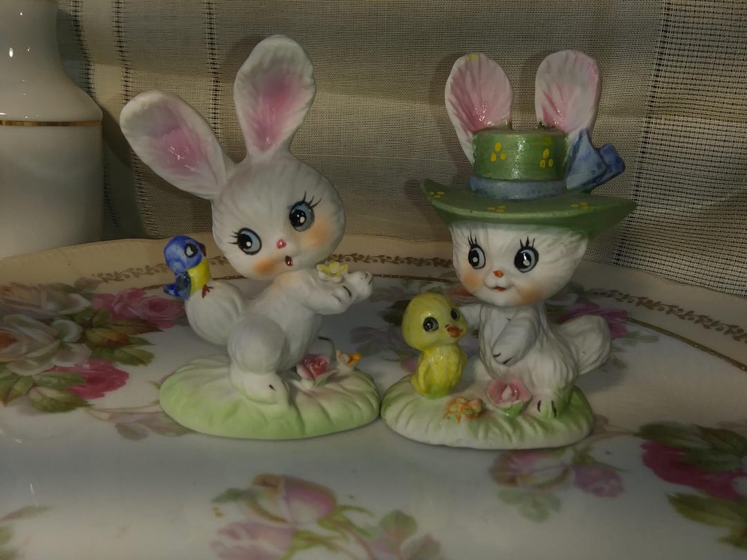 Pair of 2 Cute Vintage Easter Bunny Figurines. White Rabbits, One With ...
