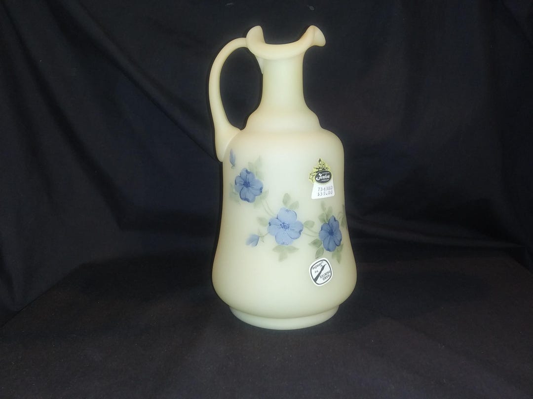 Beautiful Fenton Custard Glass Pitcher With Hand Painted Blue Floral ...