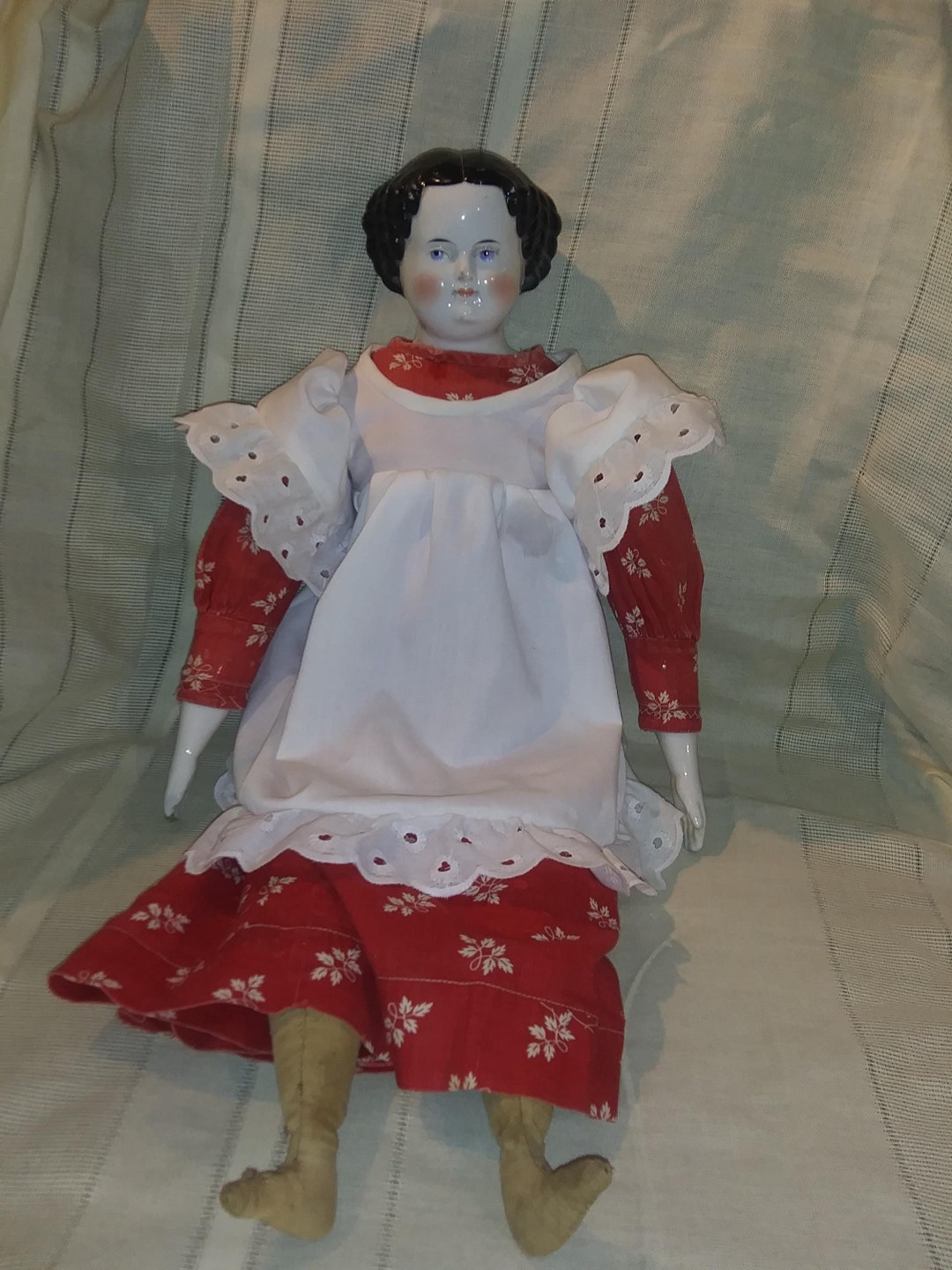 Antique Porcelain Head and Hands Low Brow Style Doll. Black Hair, Soft ...