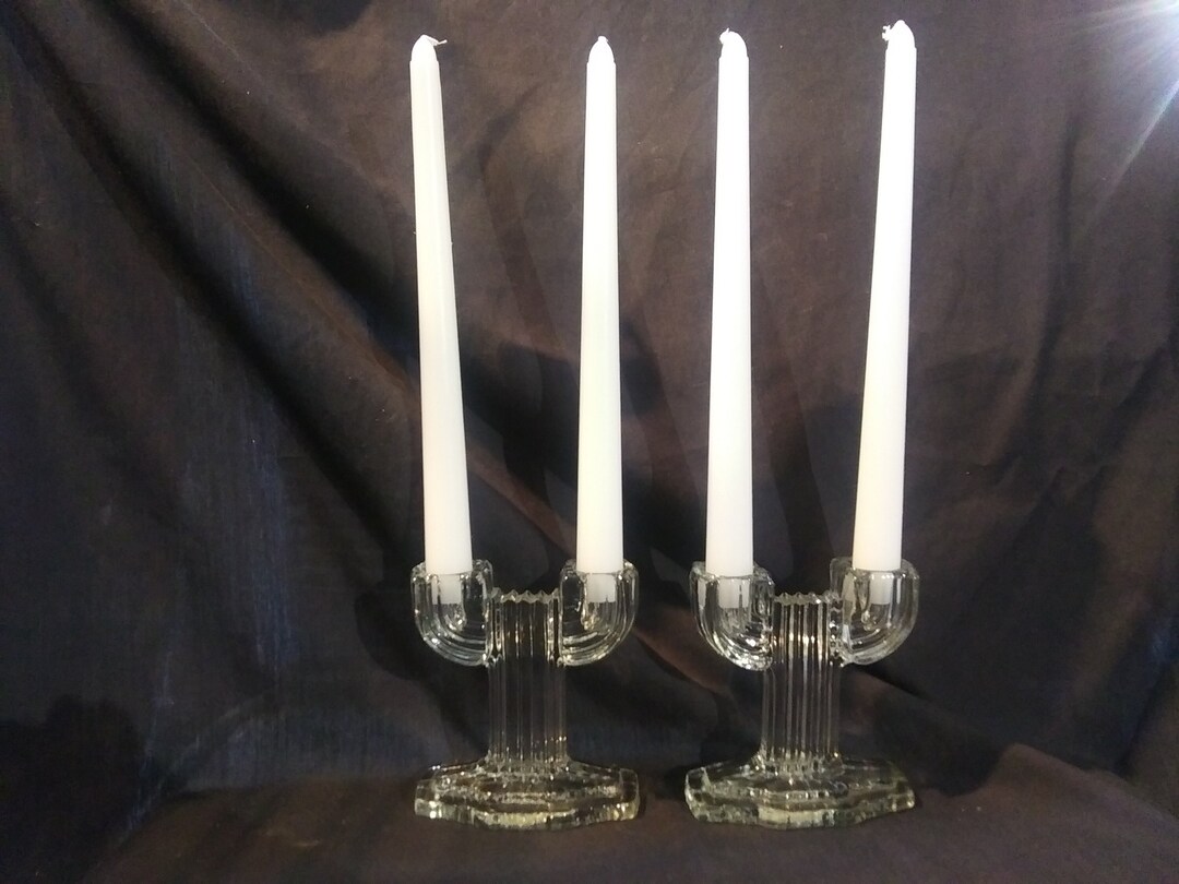 Pair of 2 Modern Clear Glass Double Light Candlestick Holders. Free ...