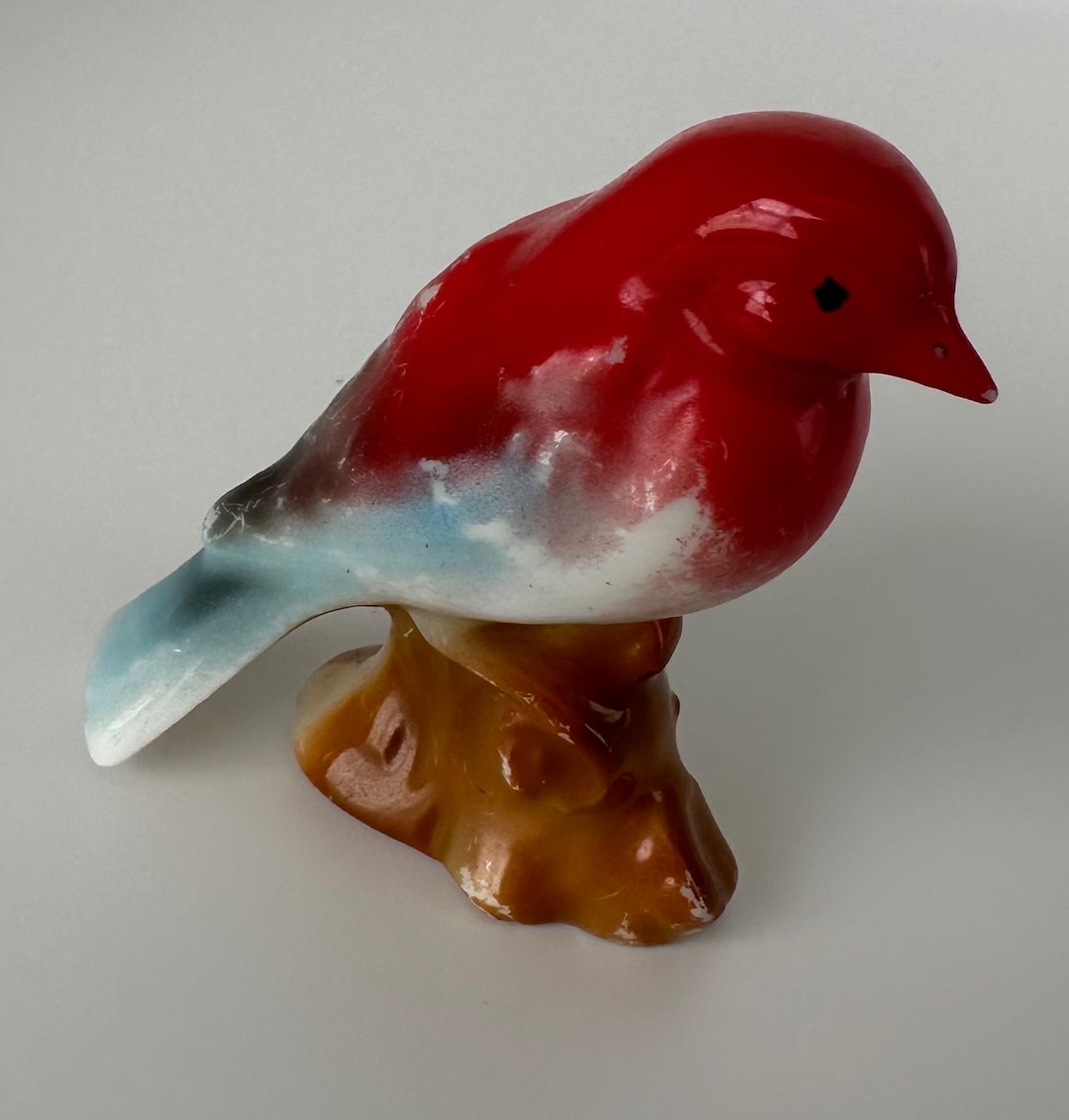 Vintage Made in Japan Blue Red Bird on Tree Stump - Etsy