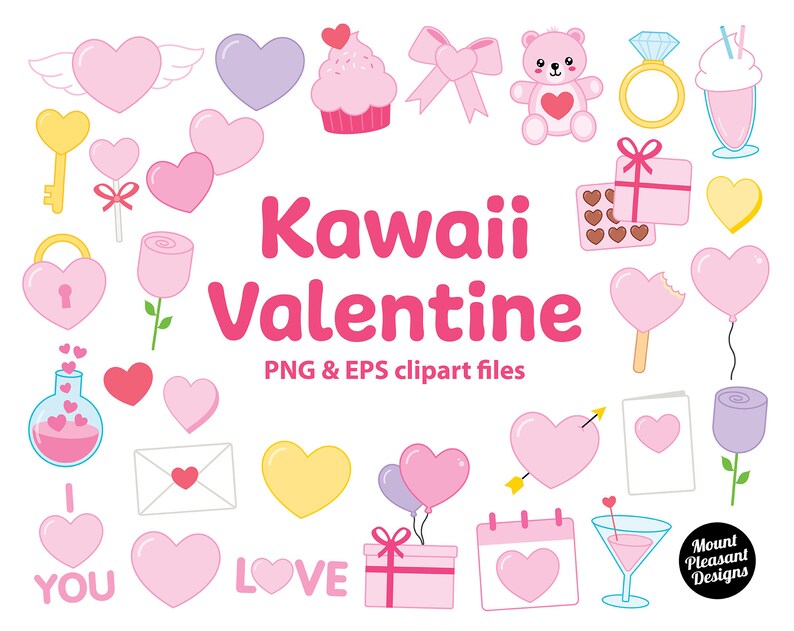 Kawaii Valentine Clipart, Cute Cartoon Love Clip Art, PNG & EPS Files ...