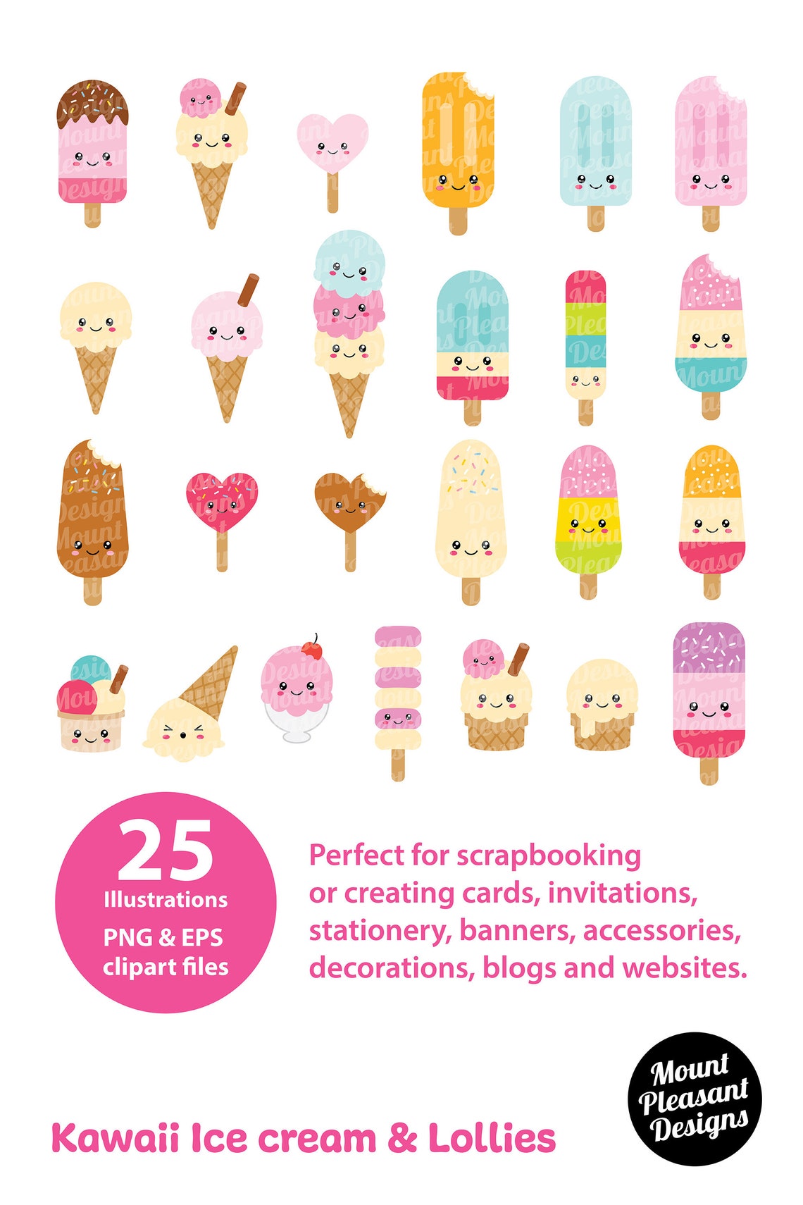 Kawaii Ice Cream and Lollies Clipart Cute Cartoon Ice Cream - Etsy