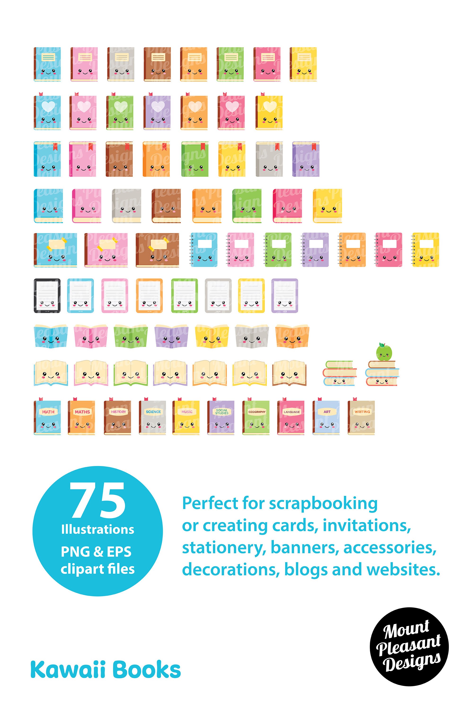 Kawaii Books Clipart Cute Cartoon School Books Clip Art PNG - Etsy