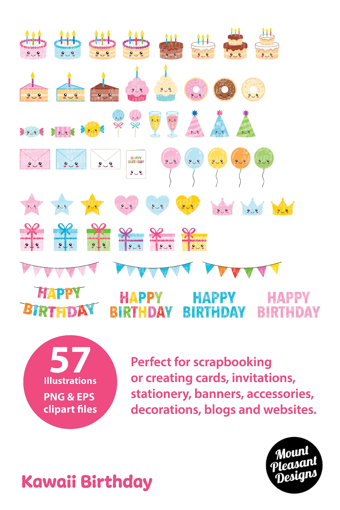 Kawaii Birthday Clipart, Cute Cartoon Birthday Party Clip Art, PNG ...