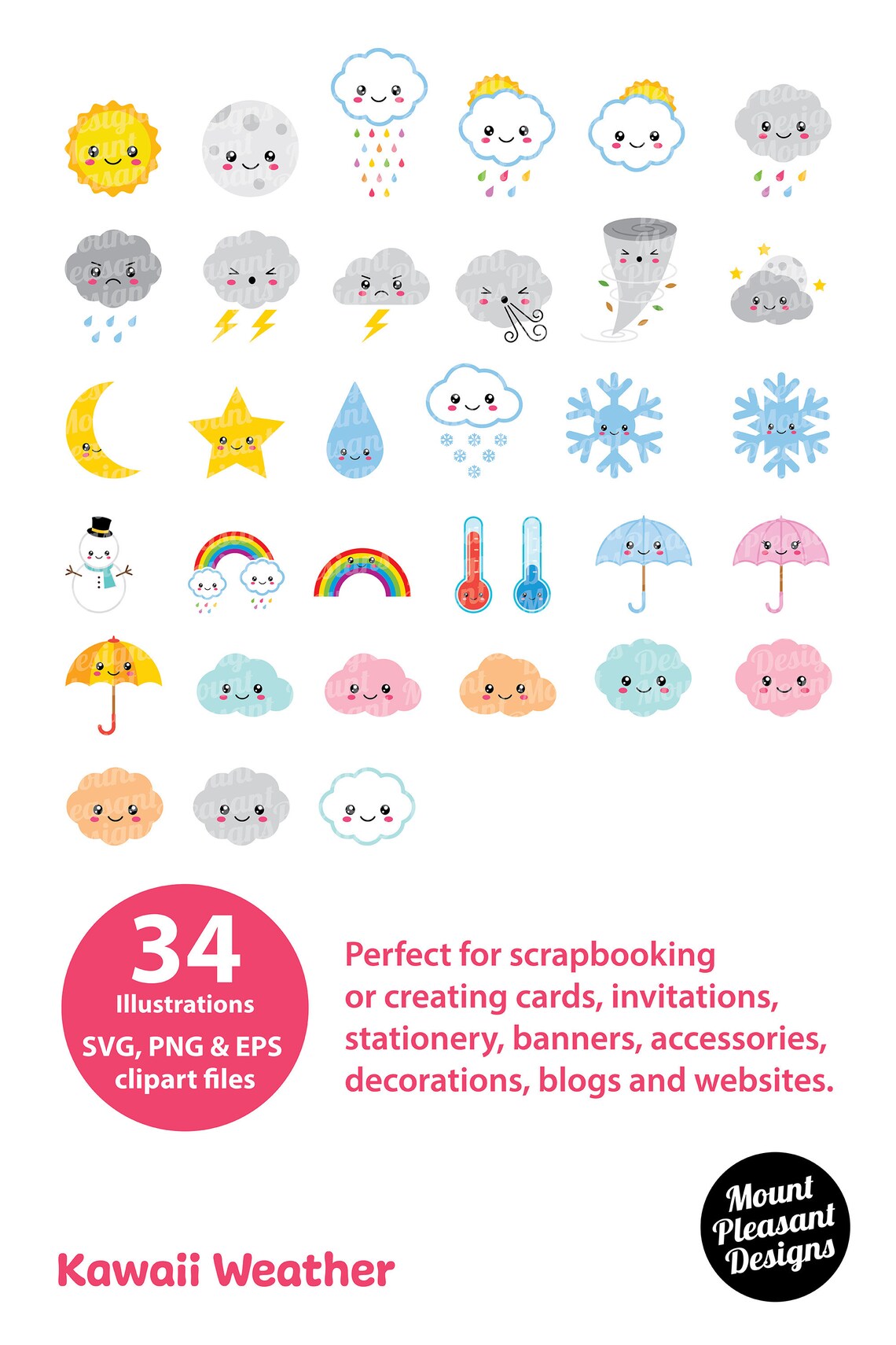 Kawaii Weather Clipart Cute Cartoon Weather Clip Art PNG | Etsy