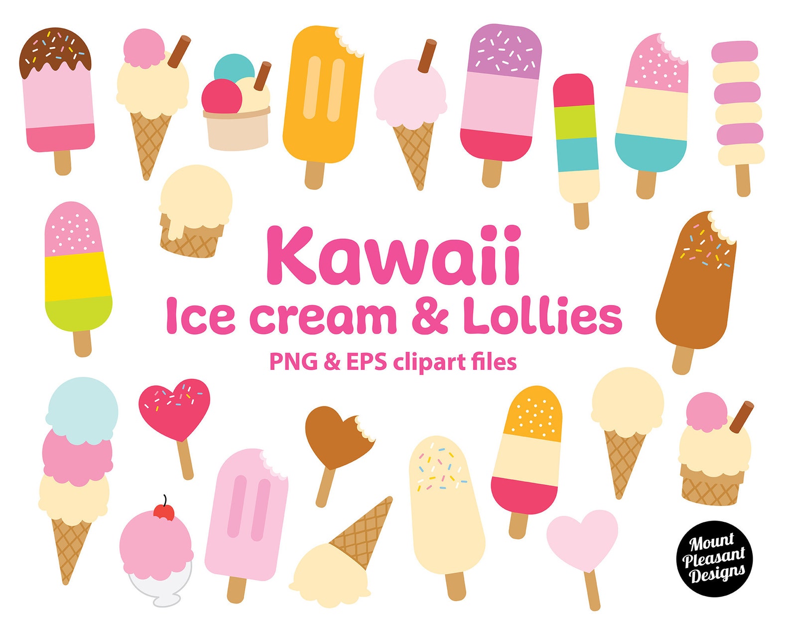 Kawaii Ice Cream and Lollies Clipart Cute Cartoon Ice Cream - Etsy