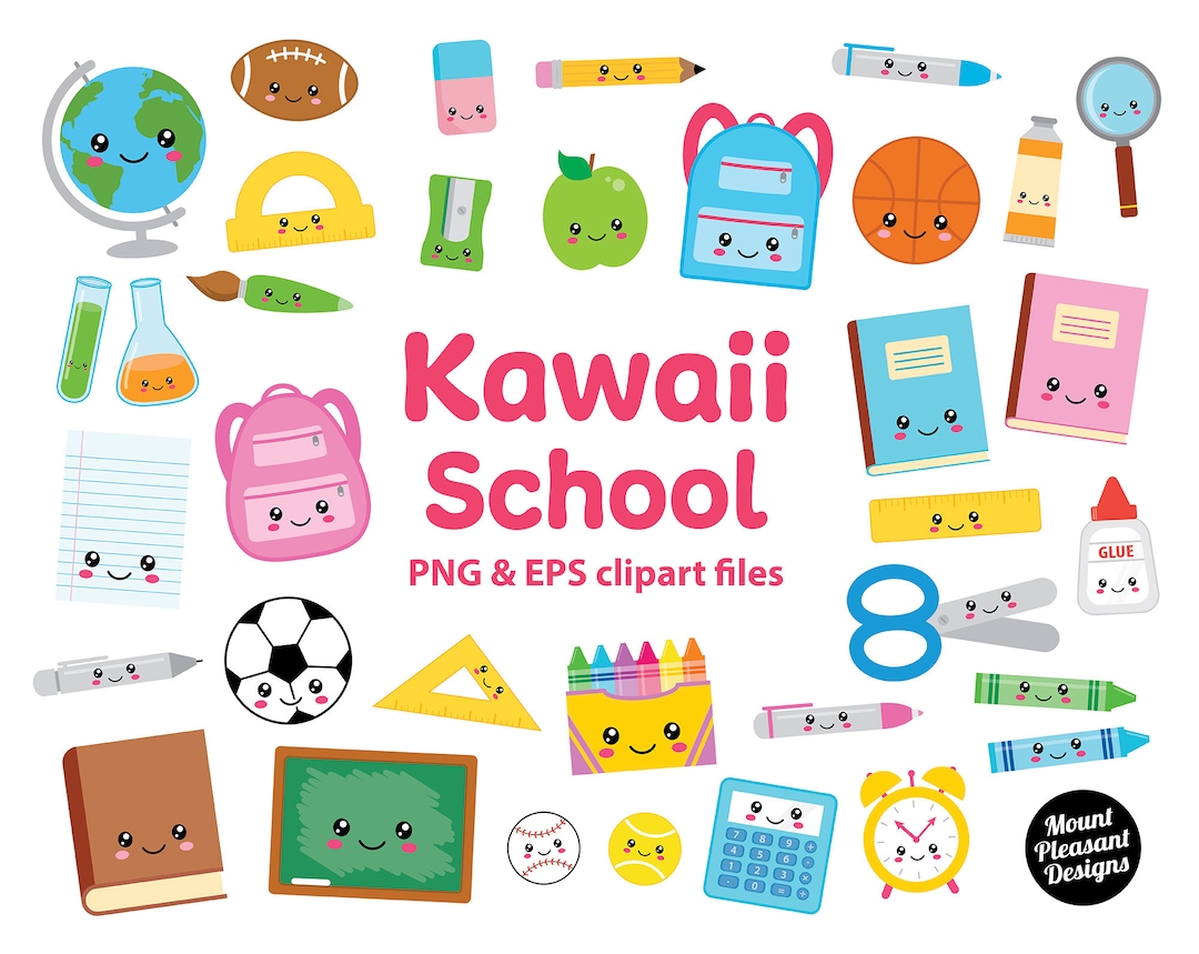 Kawaii School Clipart, Cute Cartoon School Clip Art, PNG & EPS Files ...
