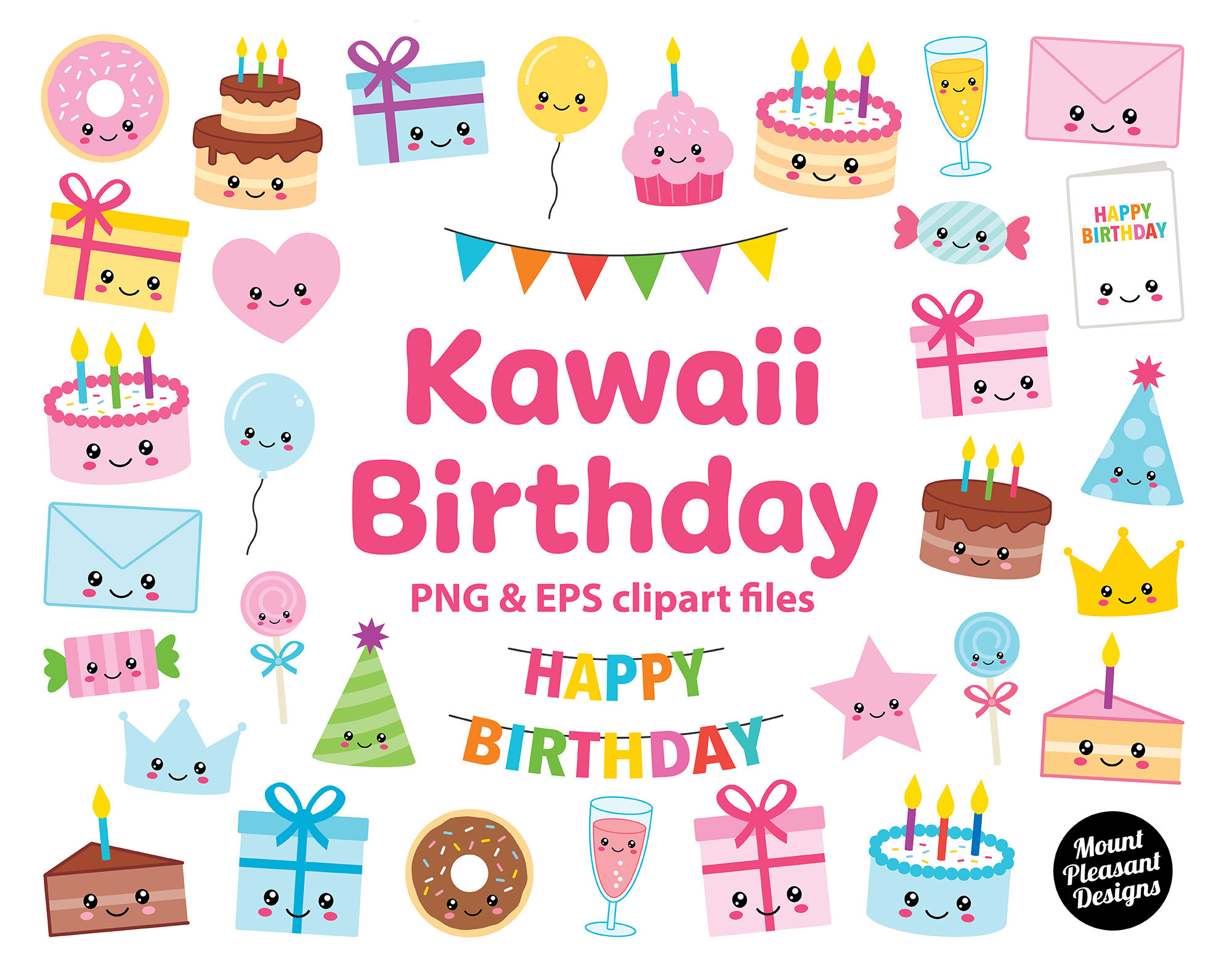Kawaii Birthday Clipart, Cute Cartoon Birthday Party Clip Art, PNG ...