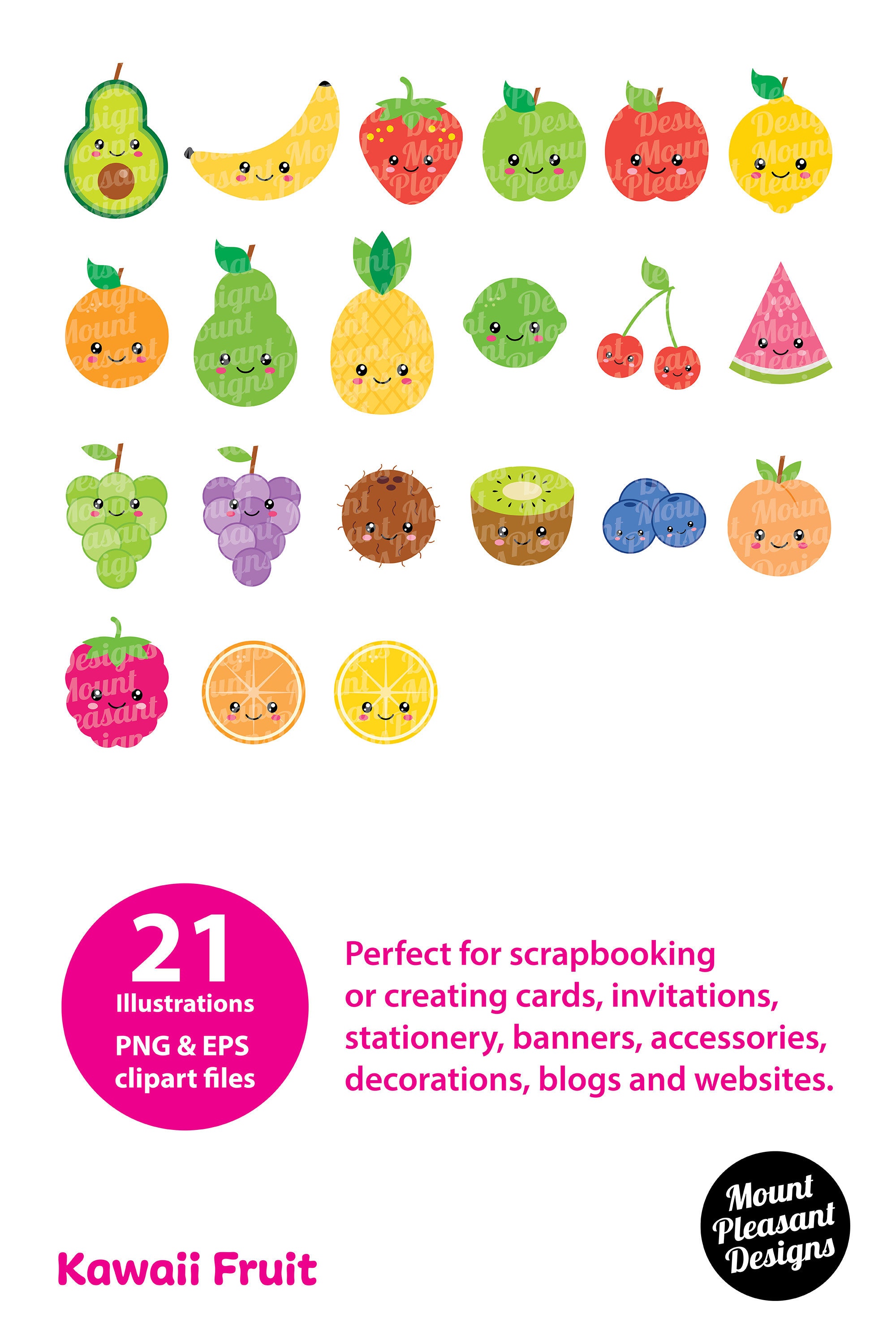 Kawaii Fruit Clipart Cute Cartoon Fruit Clip Art PNG & EPS - Etsy