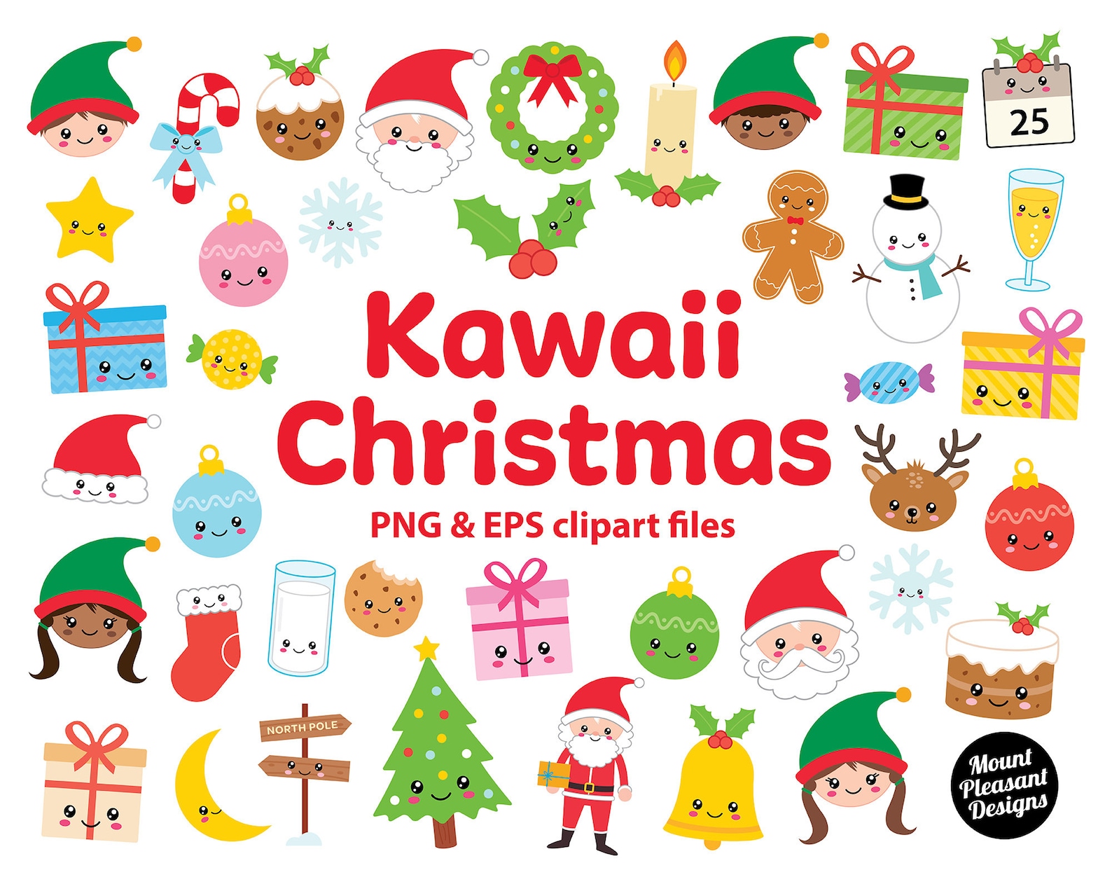 Kawaii Christmas Clipart Cute Cartoon Christmas Clip Art PNG - Etsy