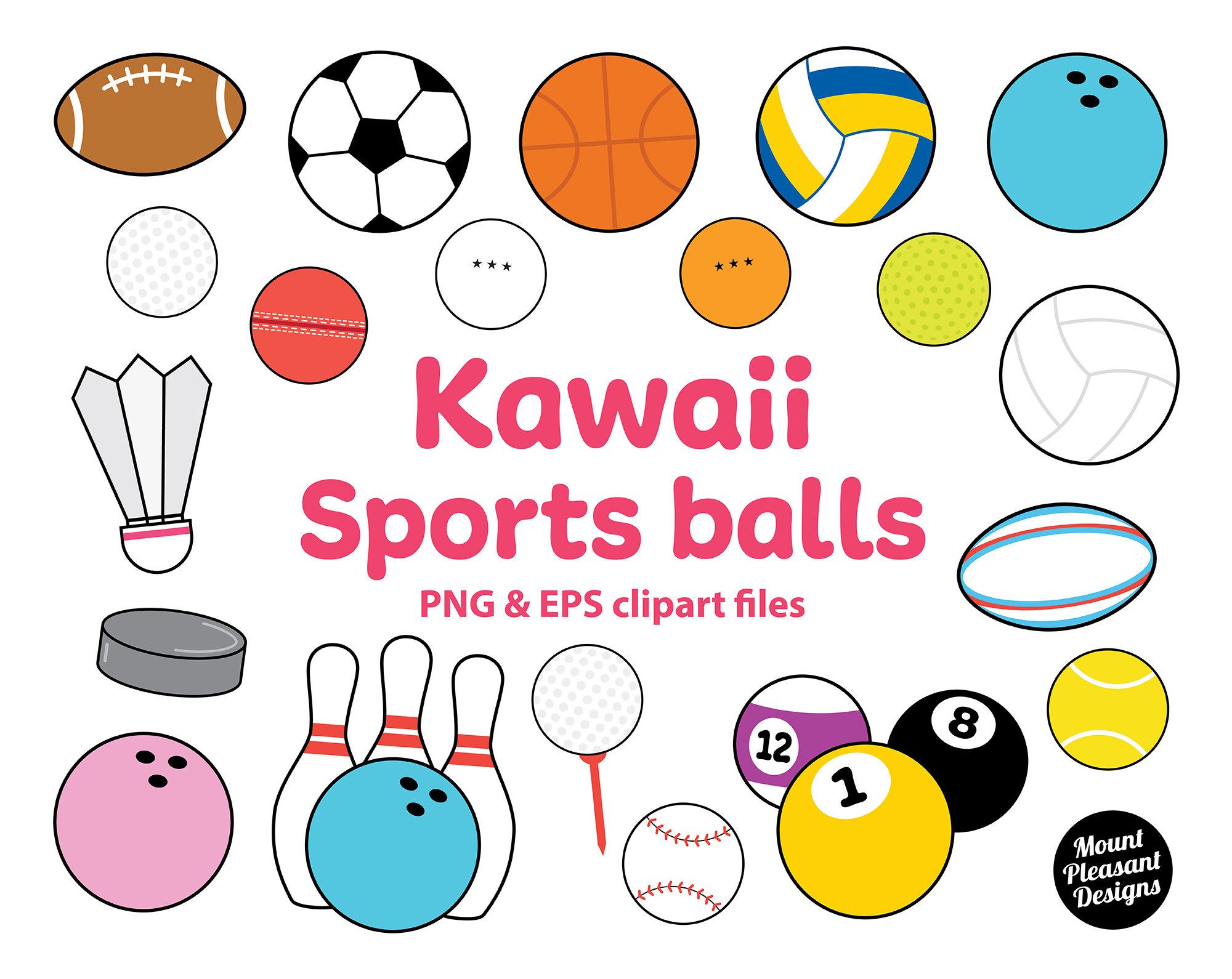 Kawaii Sports Balls Clipart, Cute Cartoon Sports Balls Clip Art, PNG ...