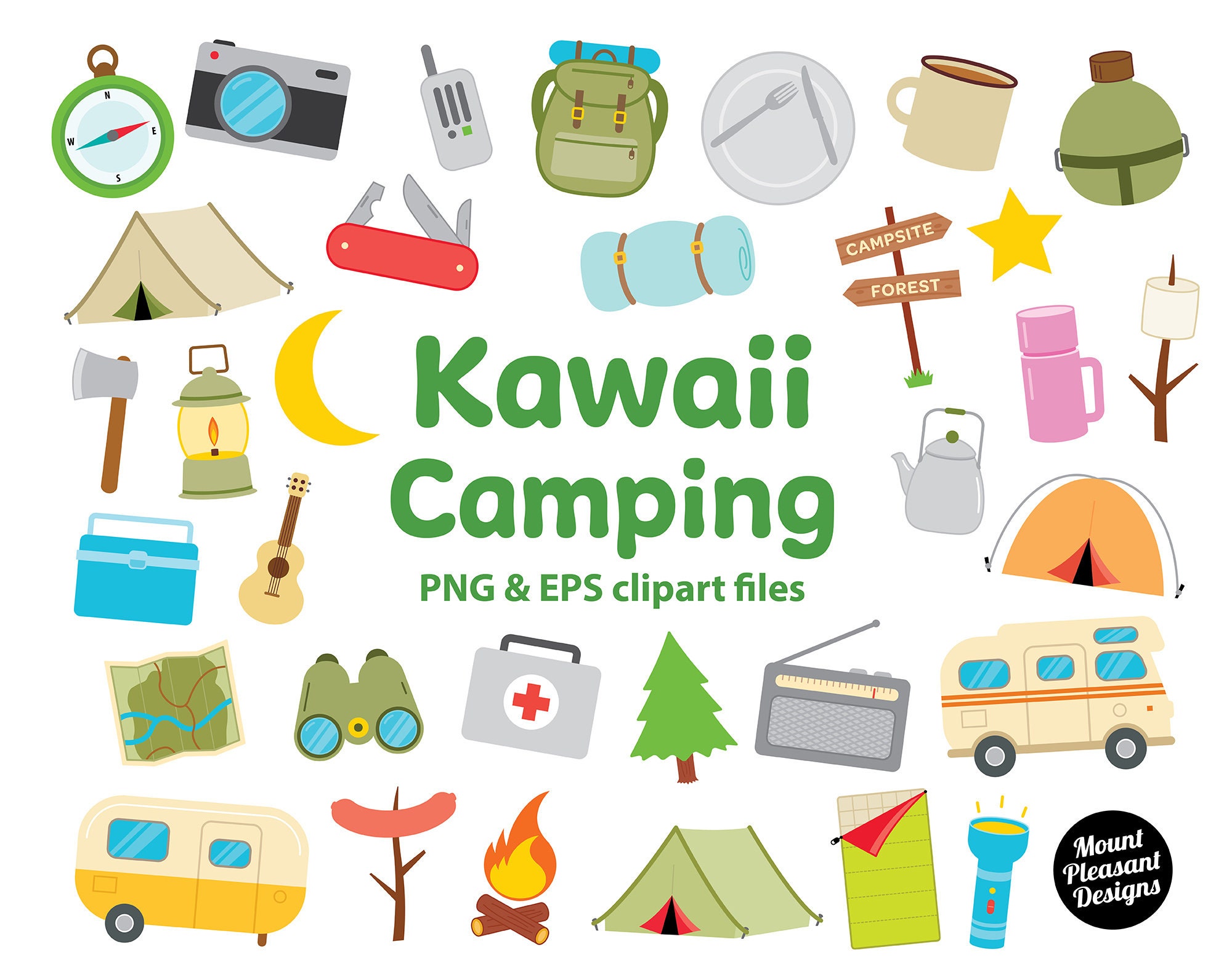 Kawaii Camping Clipart, Cute Camping Clip Art, PNG & EPS Files, Instant ...