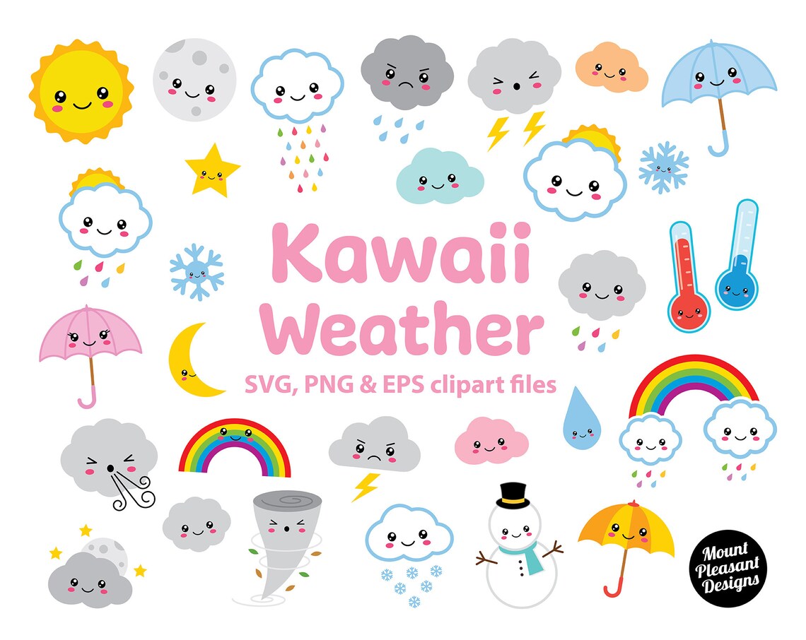 Kawaii Weather Clipart Cute Cartoon Weather Clip Art PNG | Etsy