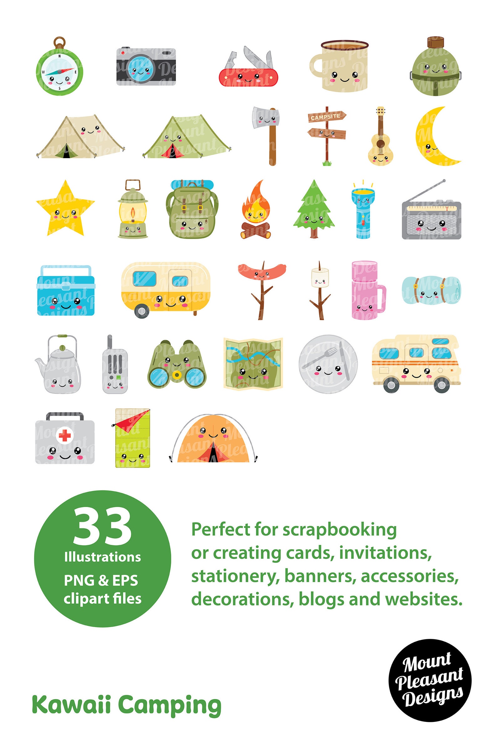 Kawaii Camping Clipart, Cute Camping Clip Art, PNG & EPS Files, Instant ...