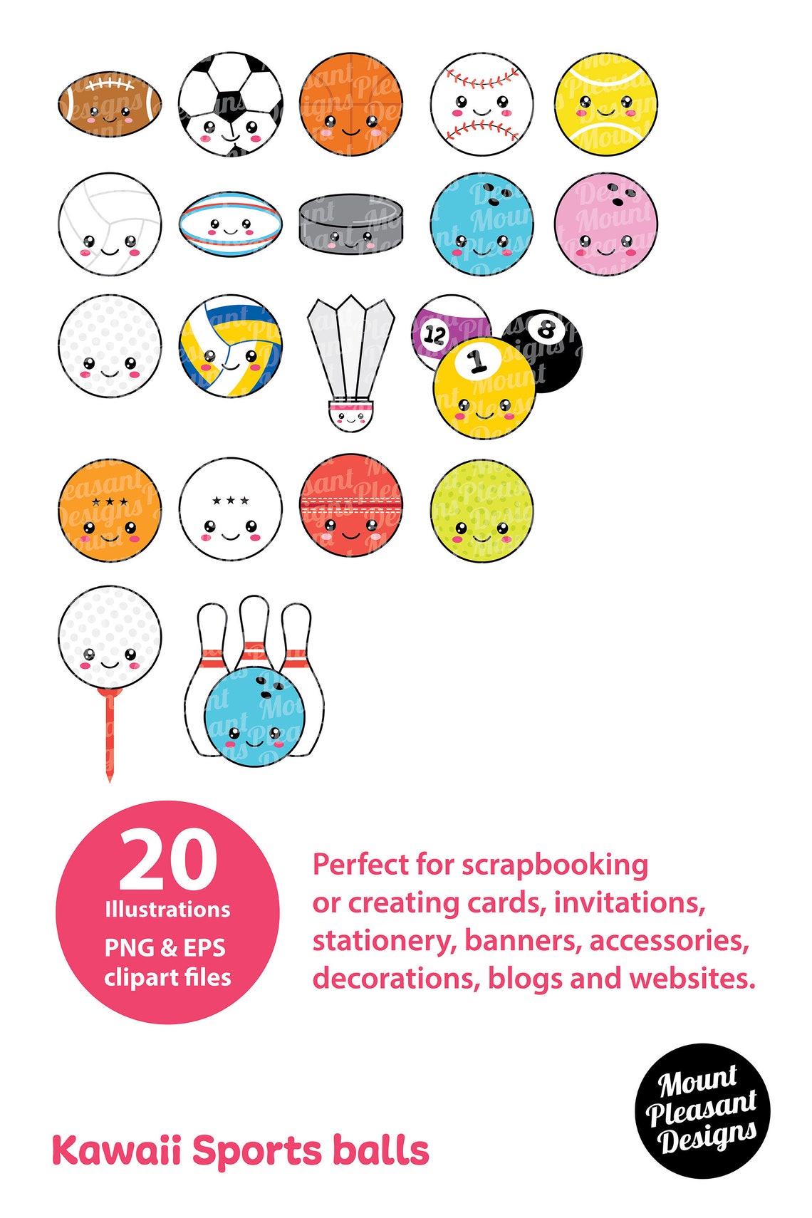 Kawaii Sports Balls Clipart Cute Cartoon Sports Balls Clip - Etsy