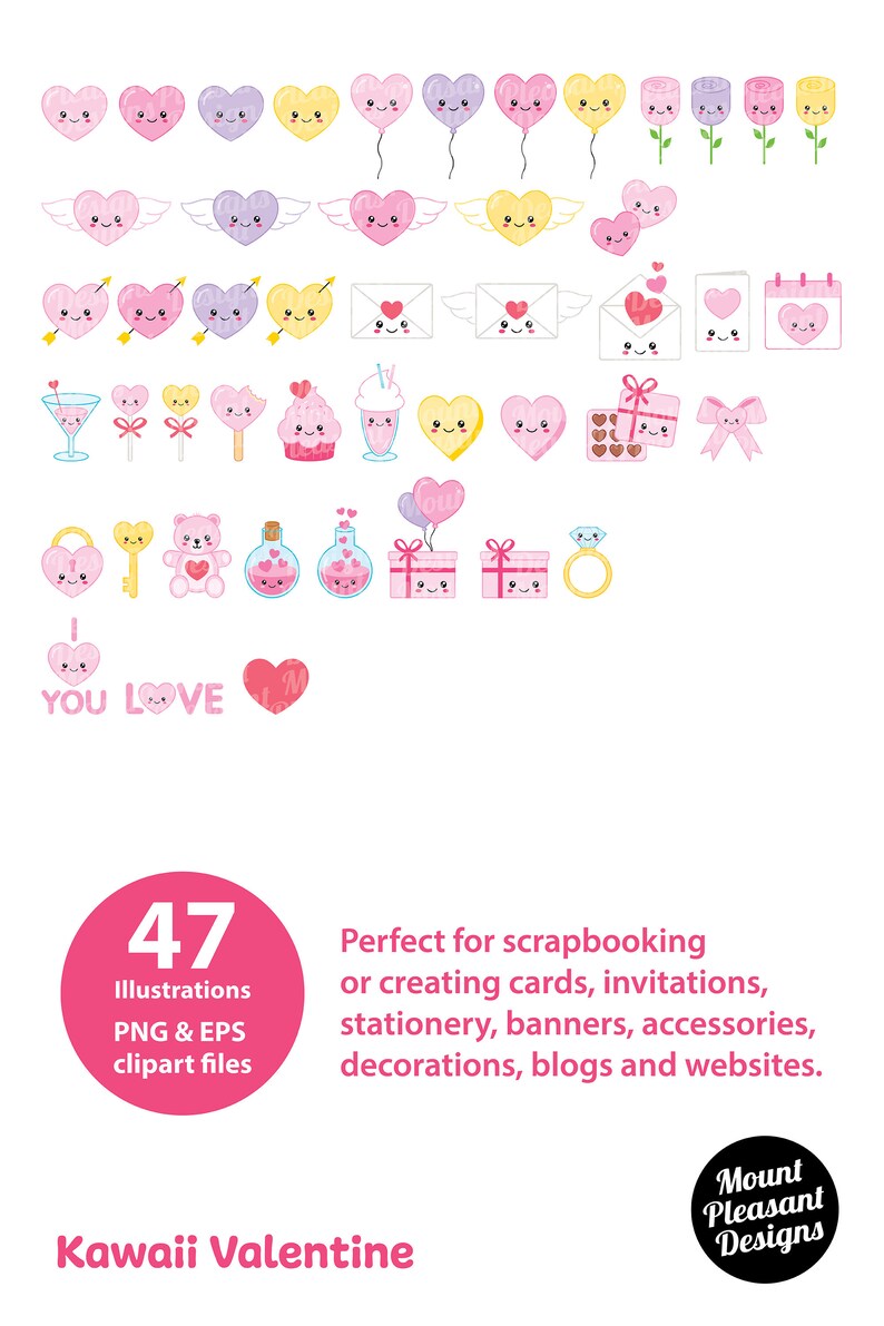 Kawaii Valentine Clipart, Cute Cartoon Love Clip Art, PNG & EPS Files ...