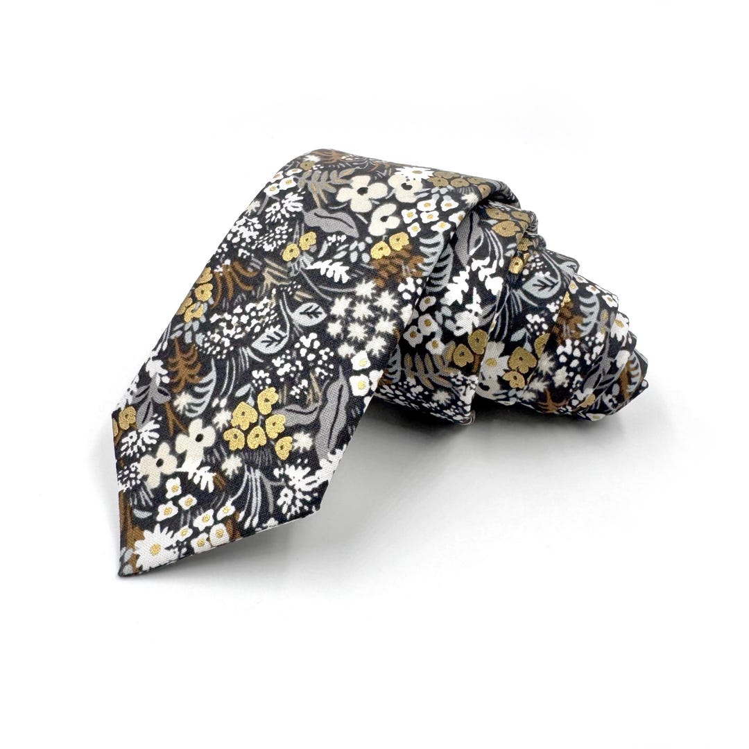 Black and Gold Floral Necktie, Gold Metallic Accents, Rustic Boho ...