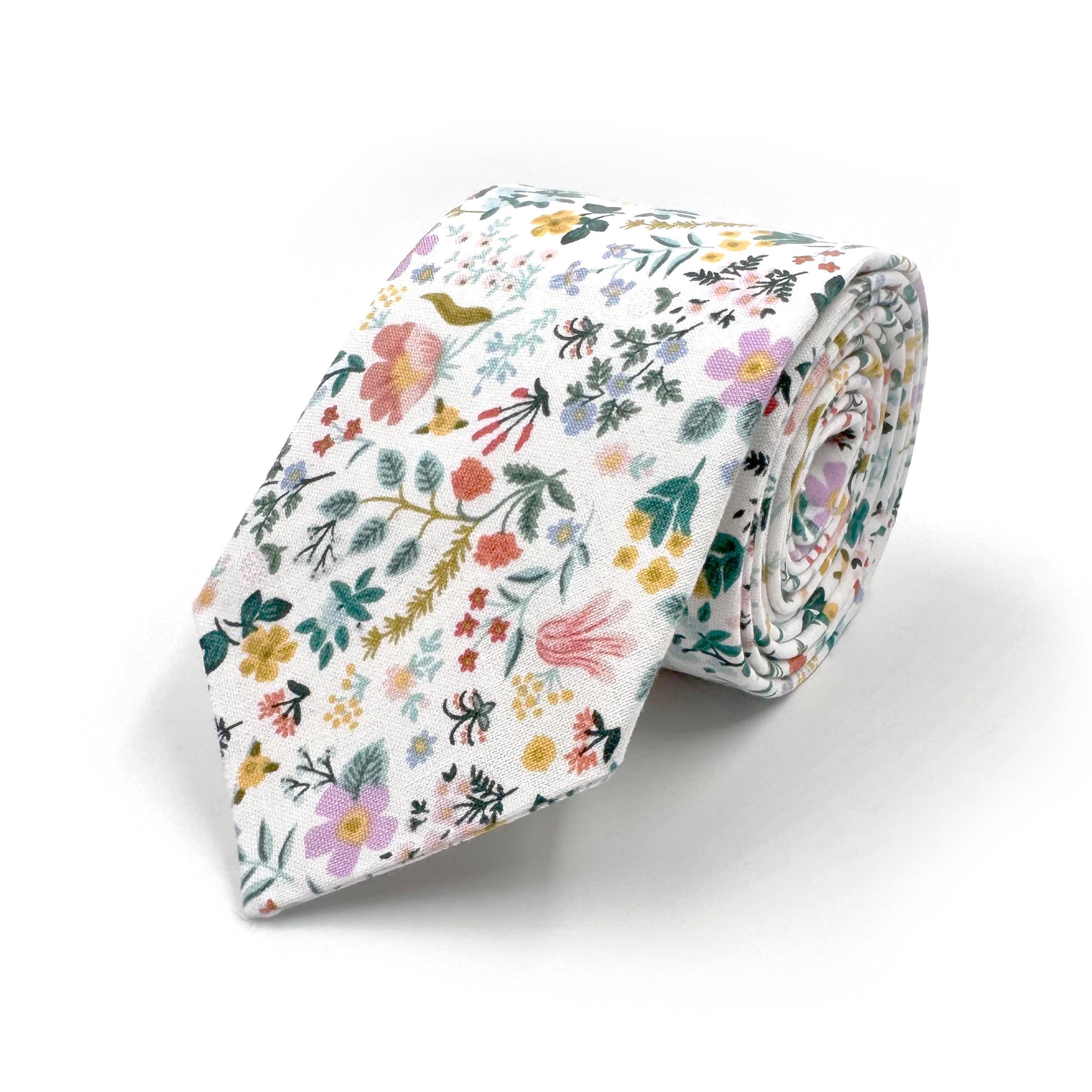 White Floral Necktie, Mens White Botanical Neck Tie, White Wedding Ties ...