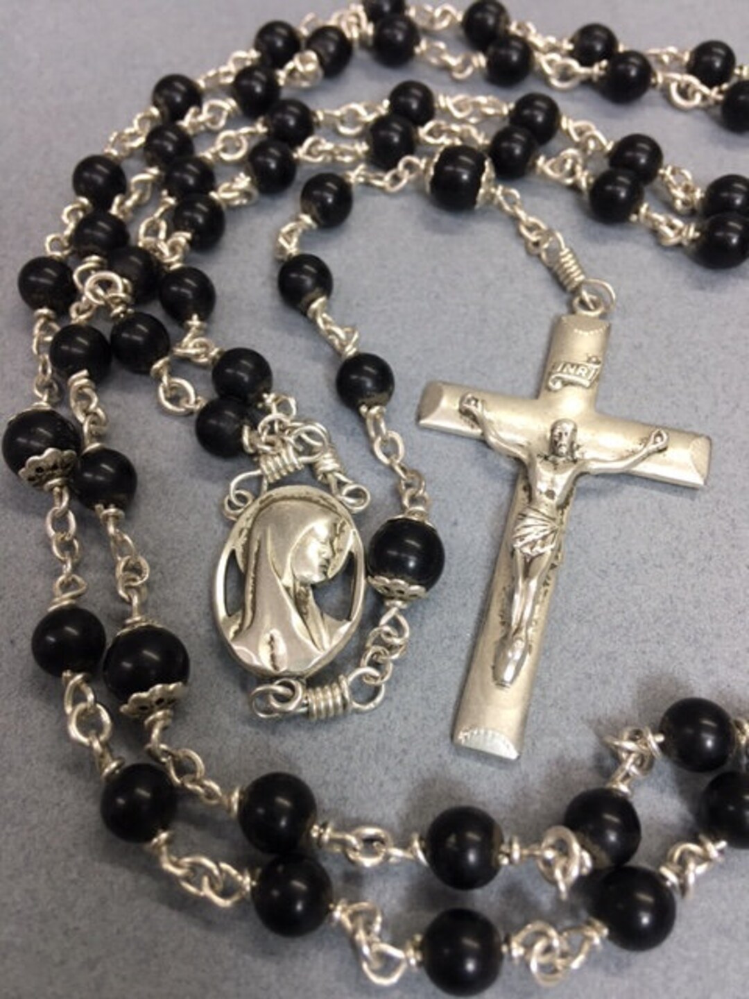 Sterling Creed Rosary Silver Black Beaded Rosary Gorgeous Prayer Beads ...