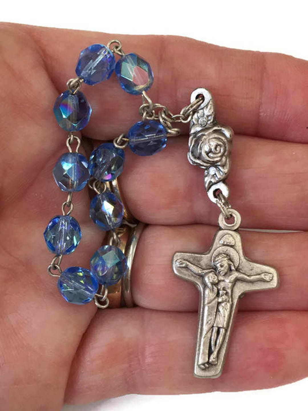 Catholic Chaplet One Decade Rosary Small Prayer Beads Blue Glass ...