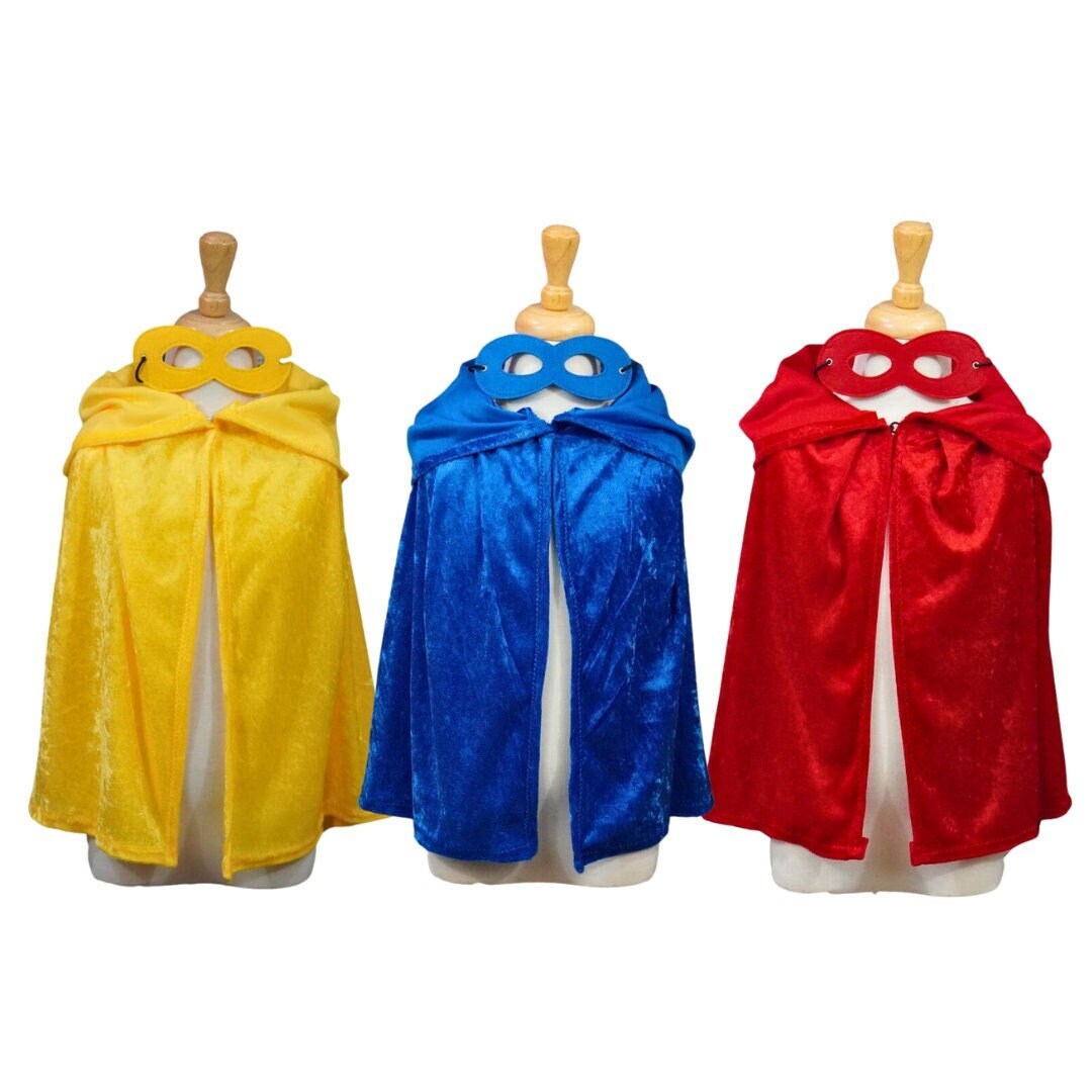 Super Hero Cape and Mask Set crushed Panne Full Hooded Cape Blue, Red ...