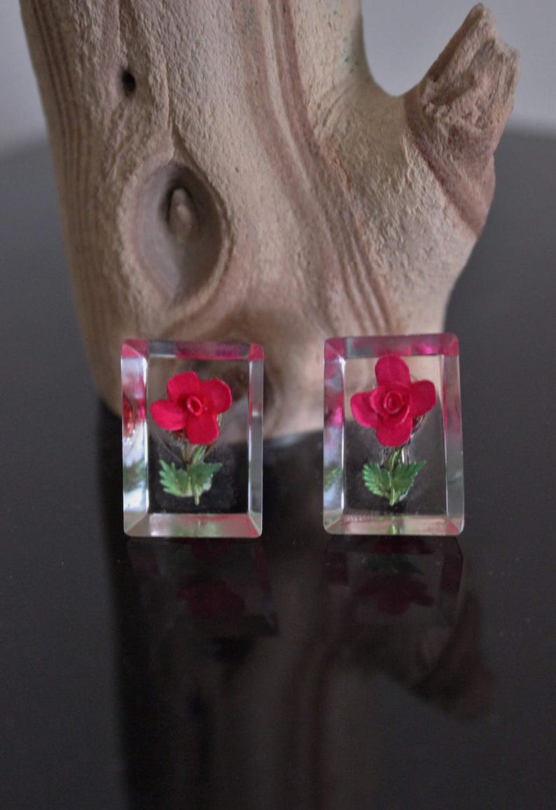 Lucite Flower Earrings Clear Resin Floral Pink Flowers Etsy