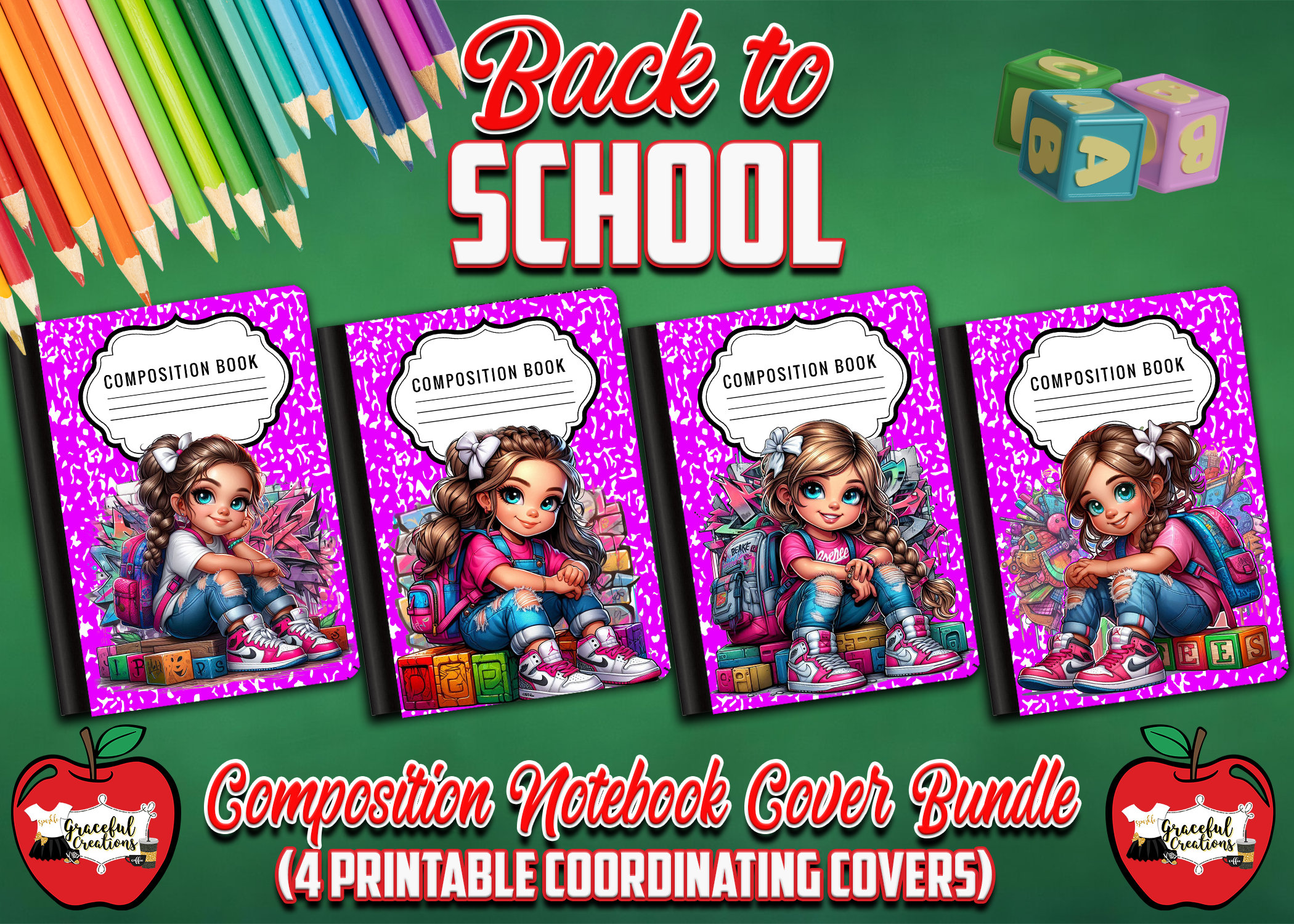 Back to School Printable Composition Notebook Cover Bundle Digital ...