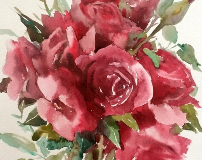 Deep Red Roses Original Watercolor Painting 15 X 11 In Red - Etsy