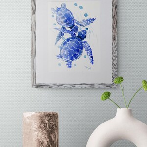 Blue Sea Turtles Artwork, Original Watercolor Aquatic Sea World Wall ...