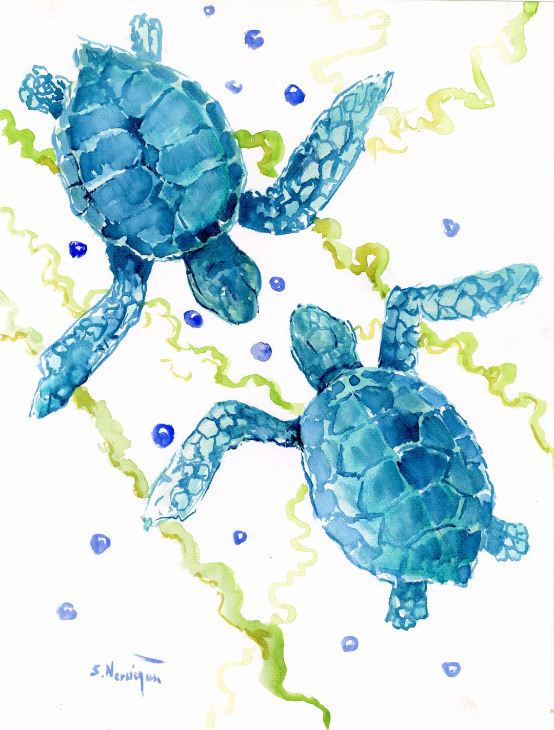 Sea Turtle Artwork, Original Watercolor Hand-painted Wall Art, Aqua ...