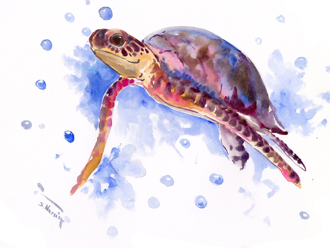 Watercolor Sea Turtle Original Painting, Underwater Scene Beach House ...
