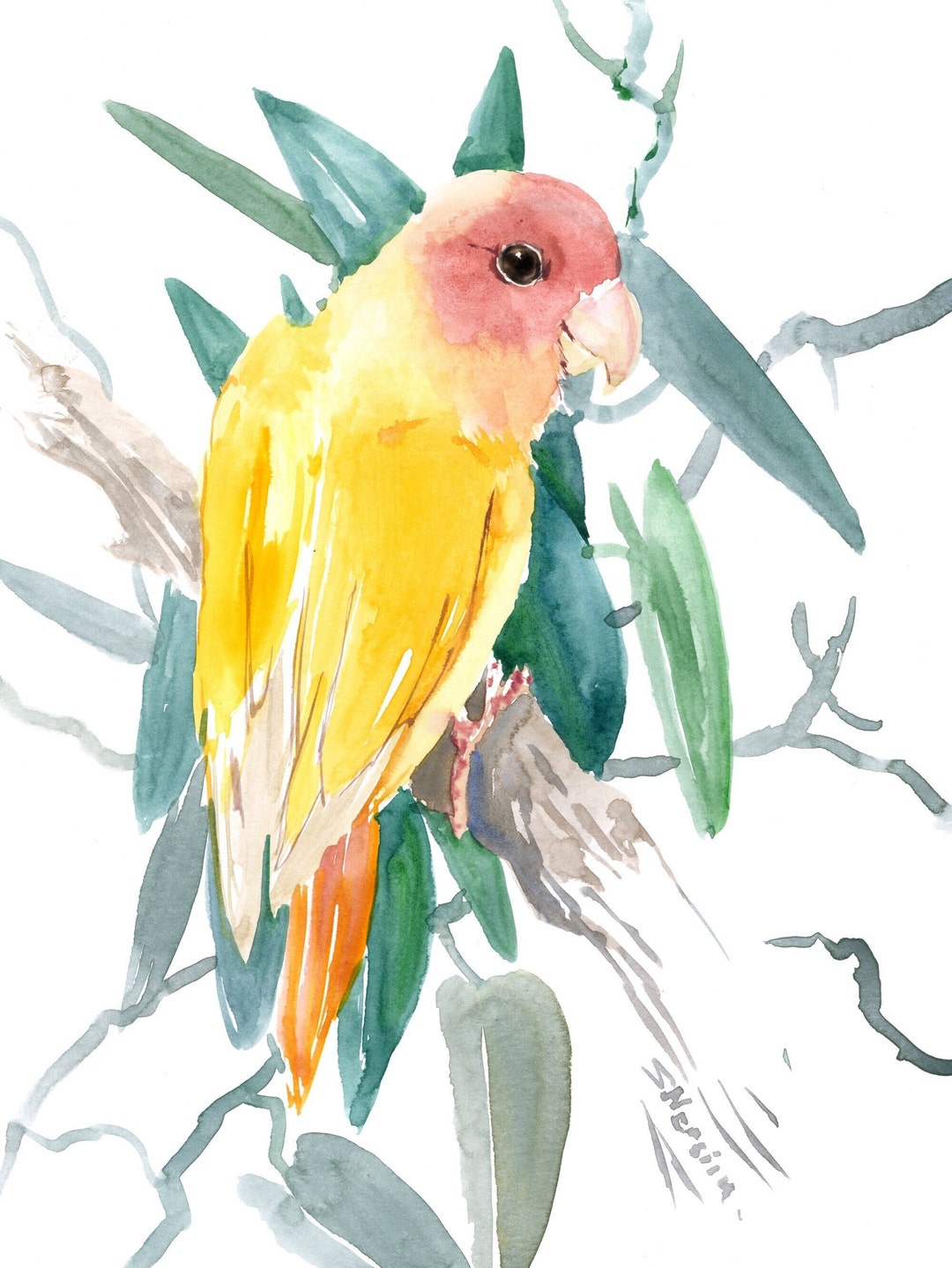 Yellow Lovebird Artwork, Original Watercolor Painting, One of a Kind ...