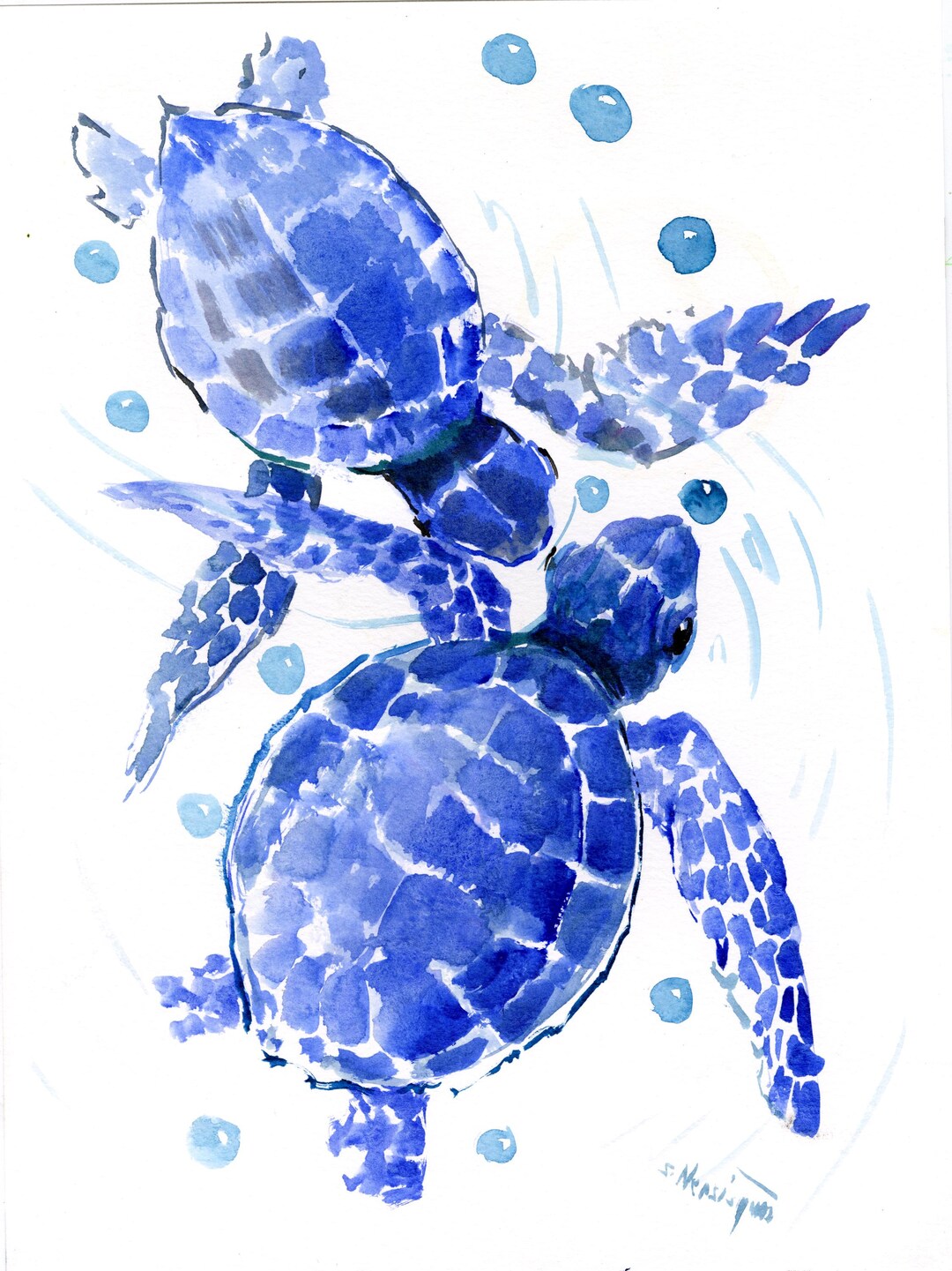 Blue Sea Turtles Artwork, Original Watercolor Aquatic Sea World Wall ...