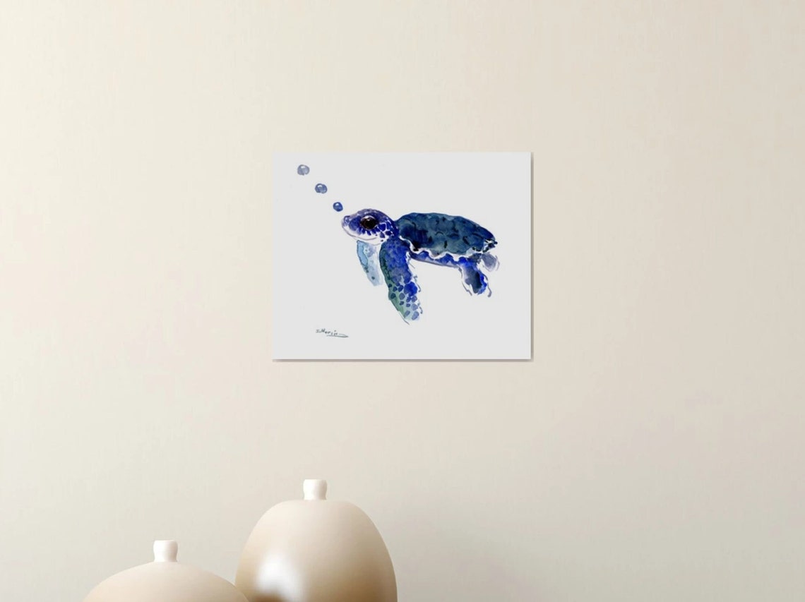 Blue Sea Turtle Illustration, Original Watercolor Painting - Etsy