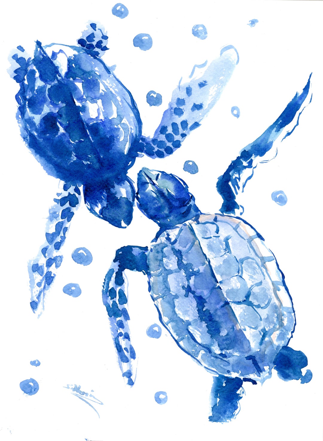 Two Blue Sea Turtles Artwork, Hand-painted Original Watercolor Painting ...