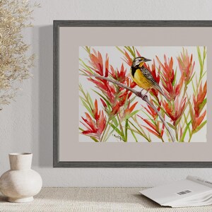 Meadowlark and Indian Paintbrush Flowers Watercolor Artwork, Original ...