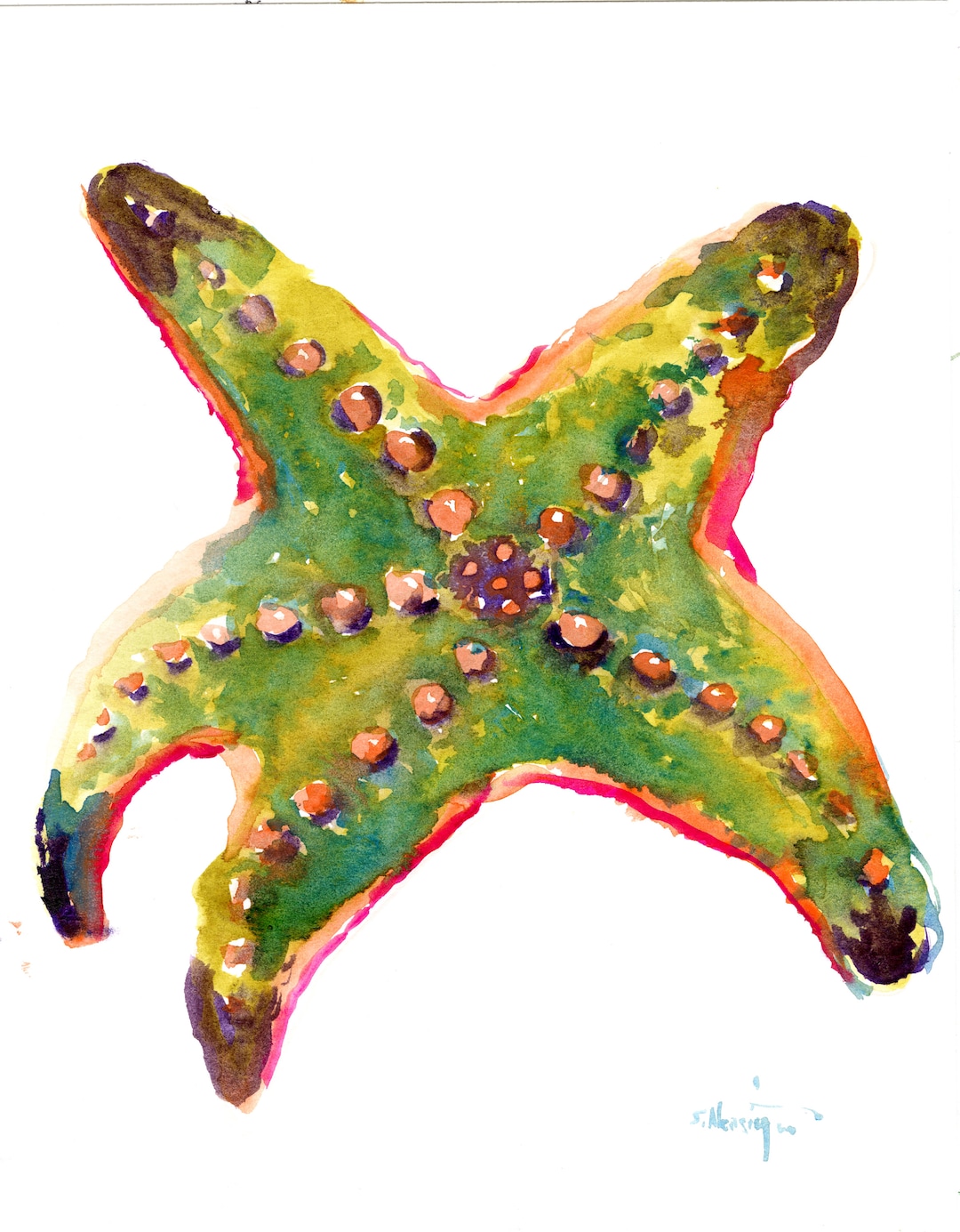 Starfish Watercolor Artwork, Original Painting, Olive Green, Orange ...