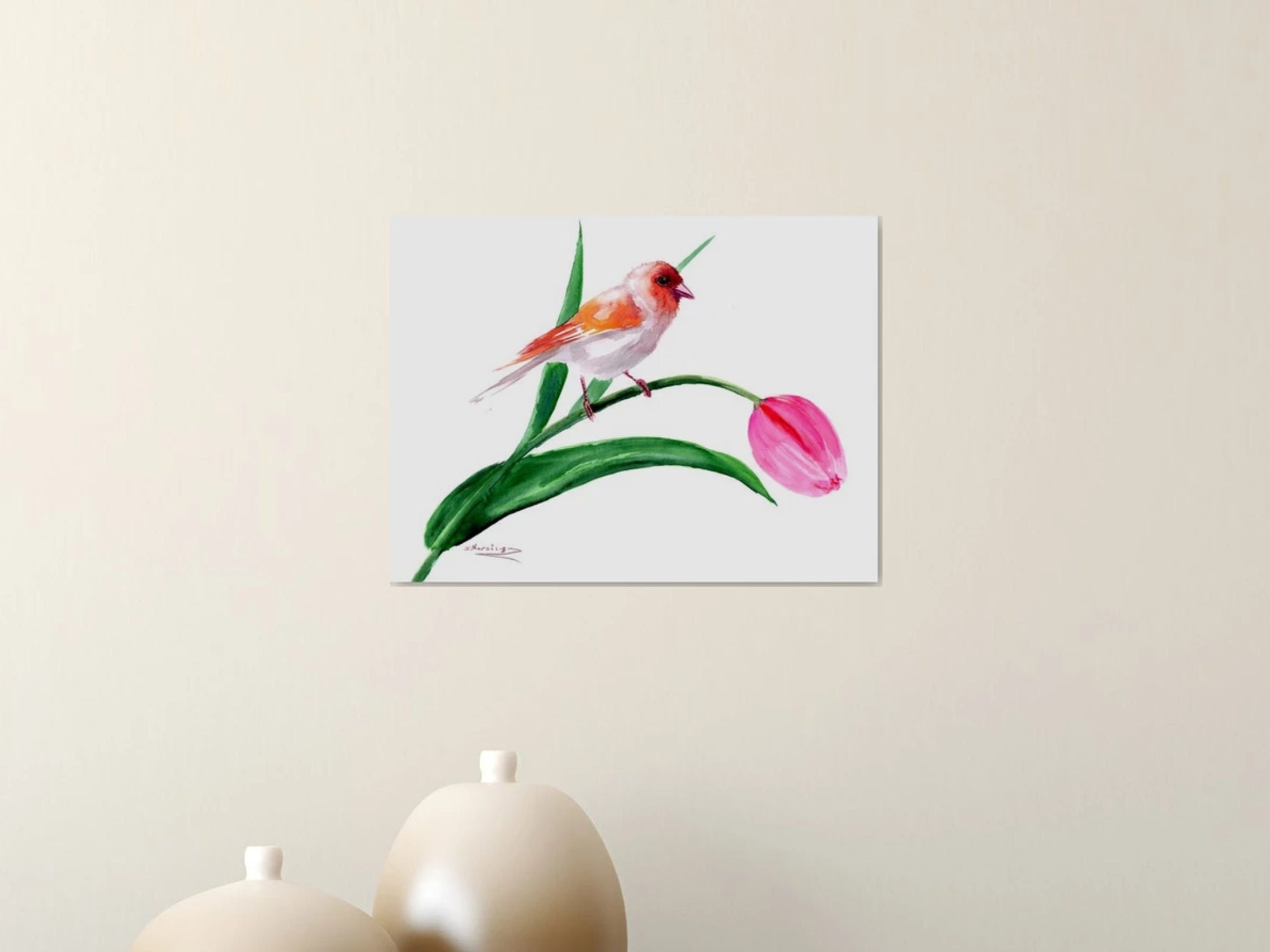 Canary Bird and Tulip Flower Artwork, Original Watercolor Painting ...