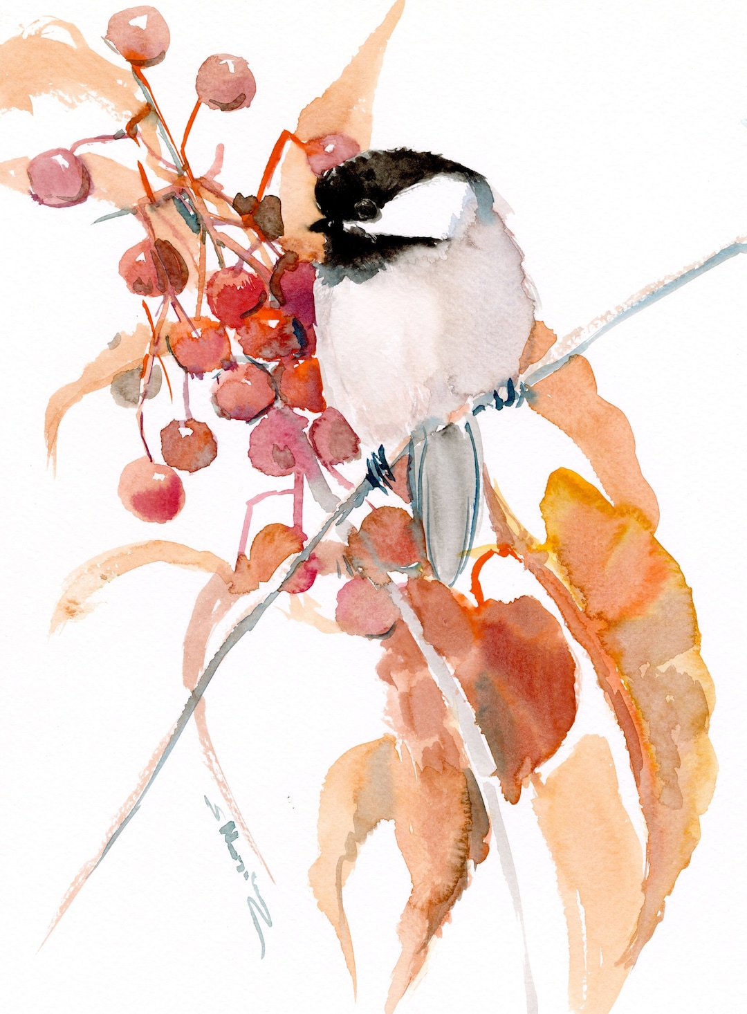 Chickadee Bird and Fall Berries Artwork, Handpainted, Original ...