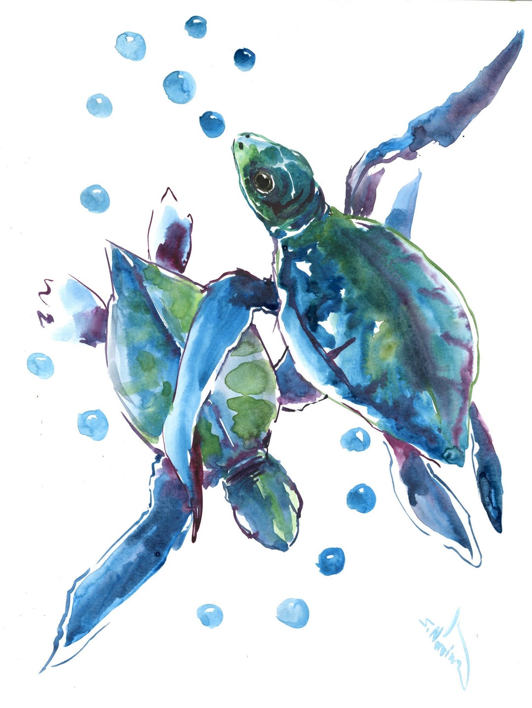 Two Sea Turtles, Original Watercolor Painting, Nautical Beach House Sea ...